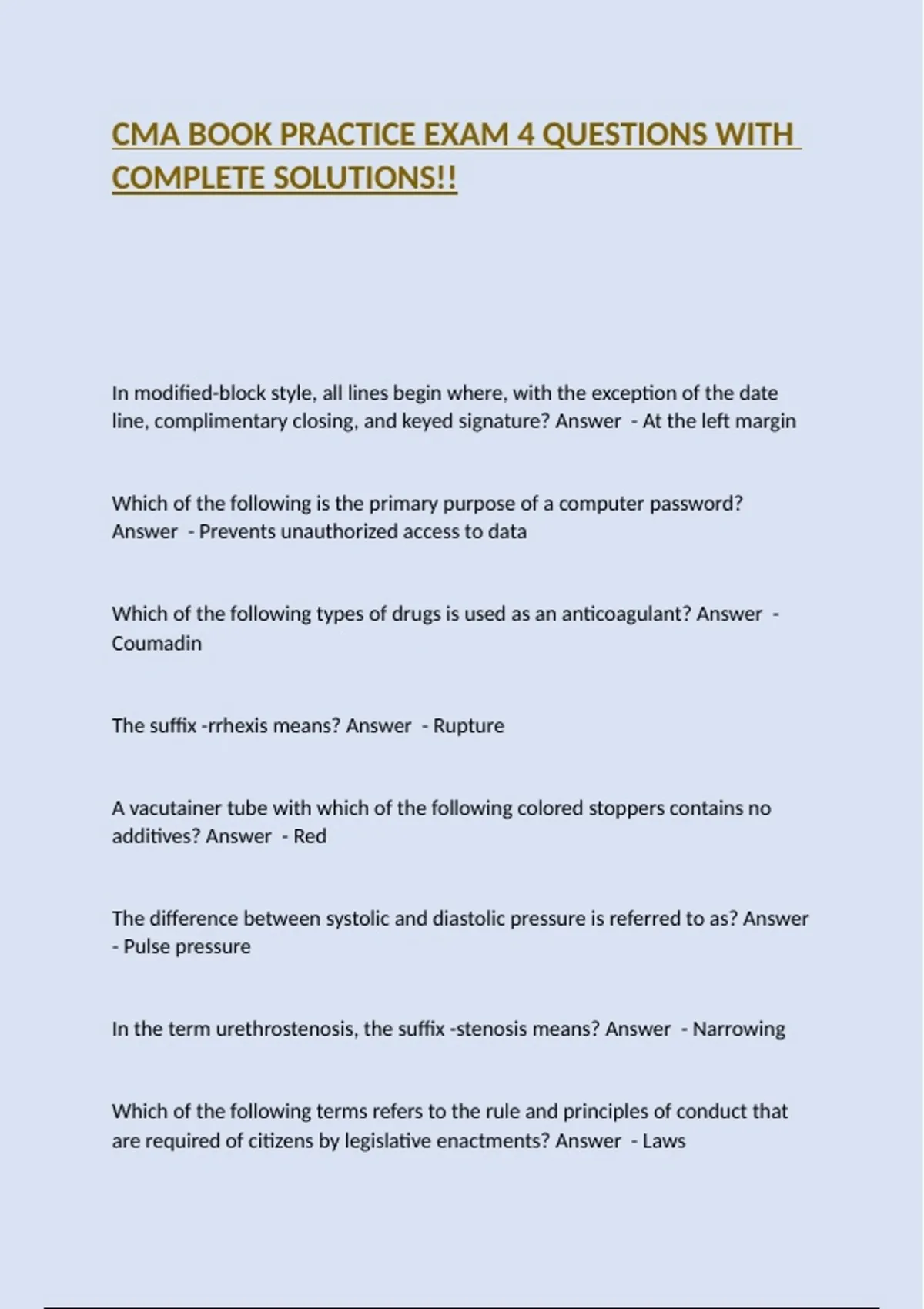 CMA BOOK PRACTICE EXAM 4 QUESTIONS WITH COMPLETE SOLUTIONS!! - Cma ...