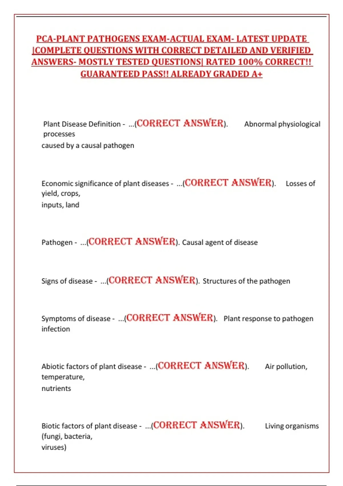PCA Plant Pathogens Exam – Complete Questions with Correct Answers ...