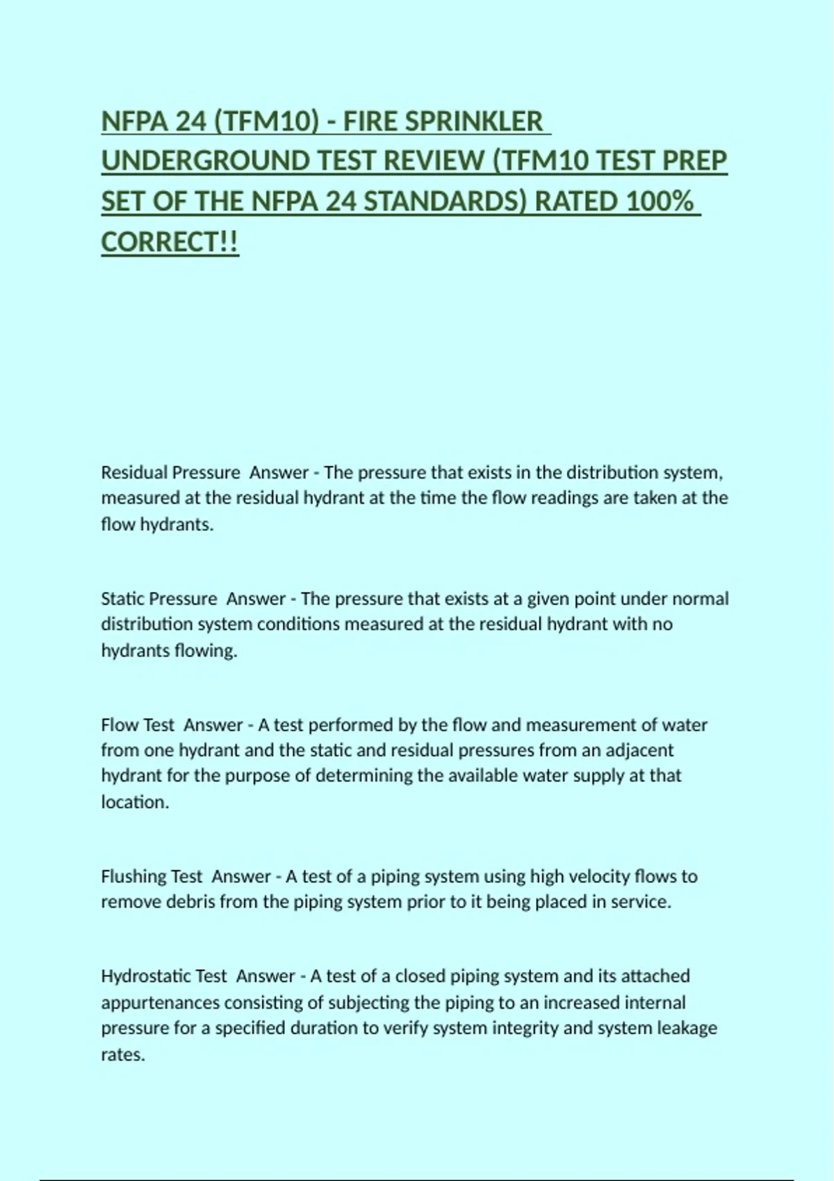 NFPA 24 (TFM10) - FIRE SPRINKLER UNDERGROUND TEST REVIEW (TFM10 TEST ...