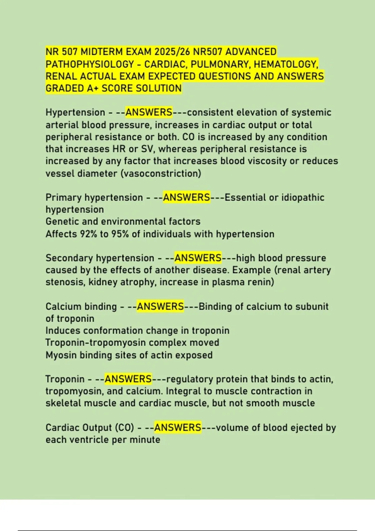 NR 507 MIDTERM EXAM 2025/26 NR507 ADVANCED PATHOPHYSIOLOGY - CARDIAC, PULMONARY, HEMATOLOGY ...