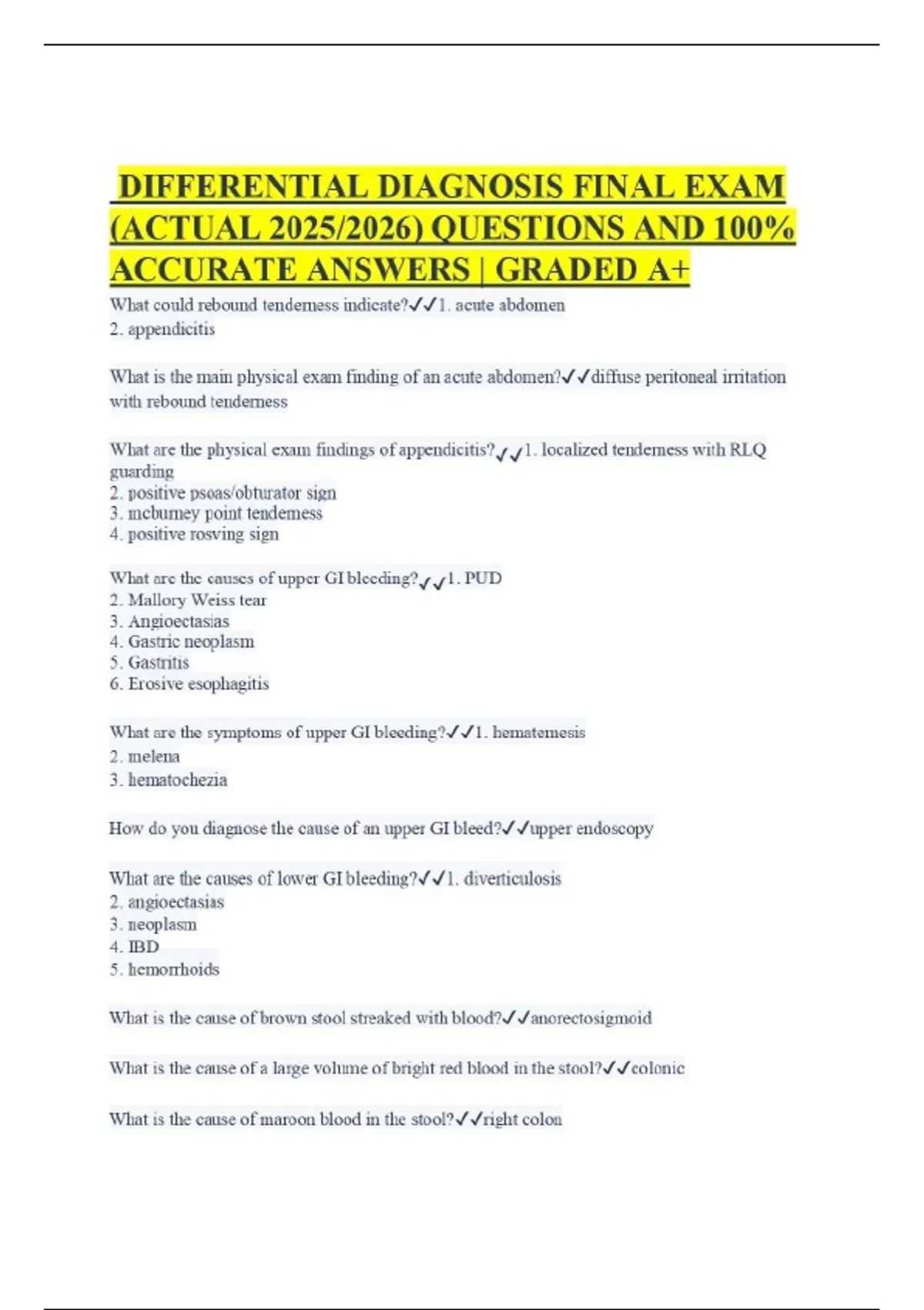 DIFFERENTIAL DIAGNOSIS FINAL EXAM (ACTUAL 2025/2026) QUESTIONS AND 100% ...