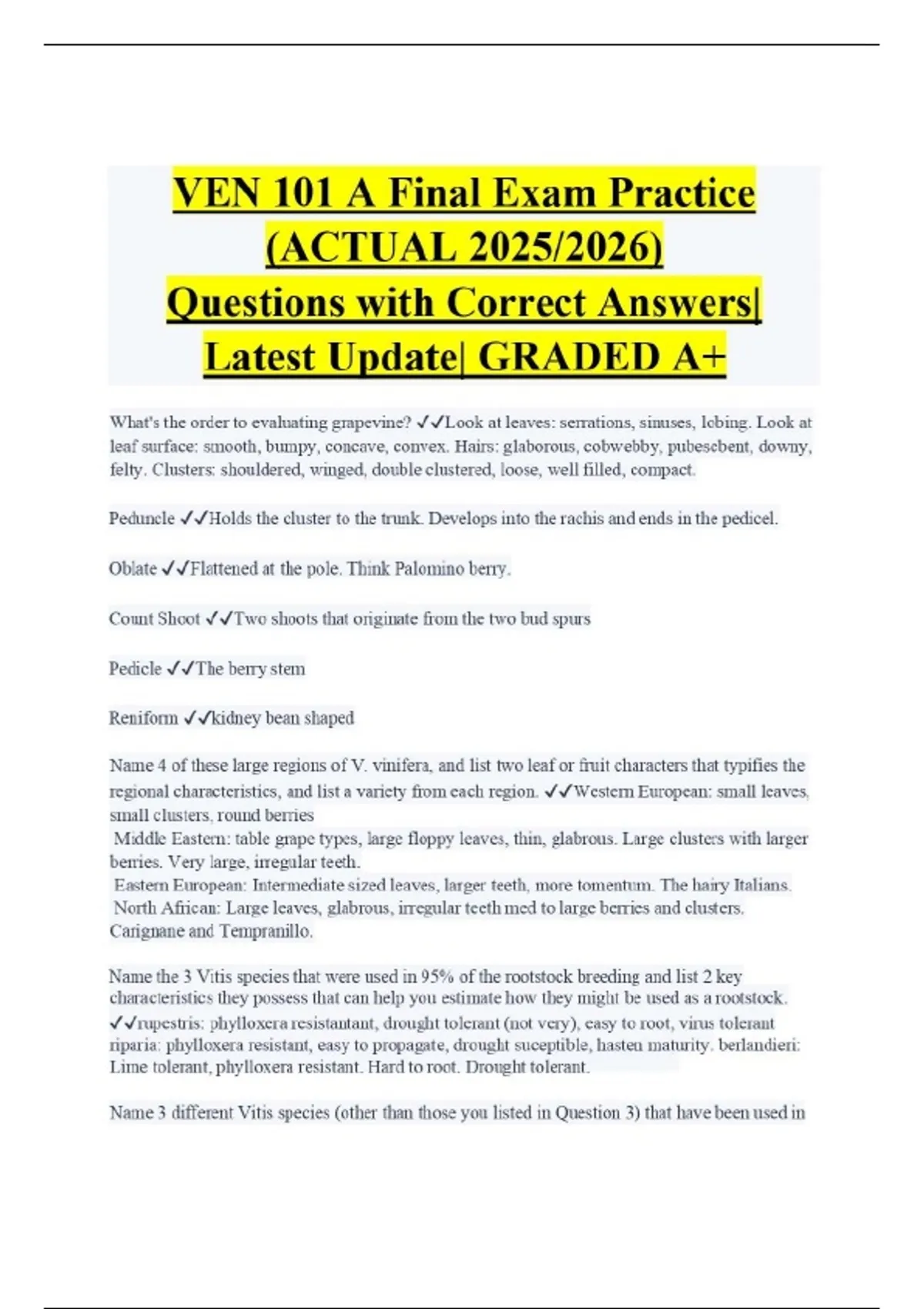 VEN 101 A Final Exam Practice (ACTUAL 2025/2026) Questions with Correct ...