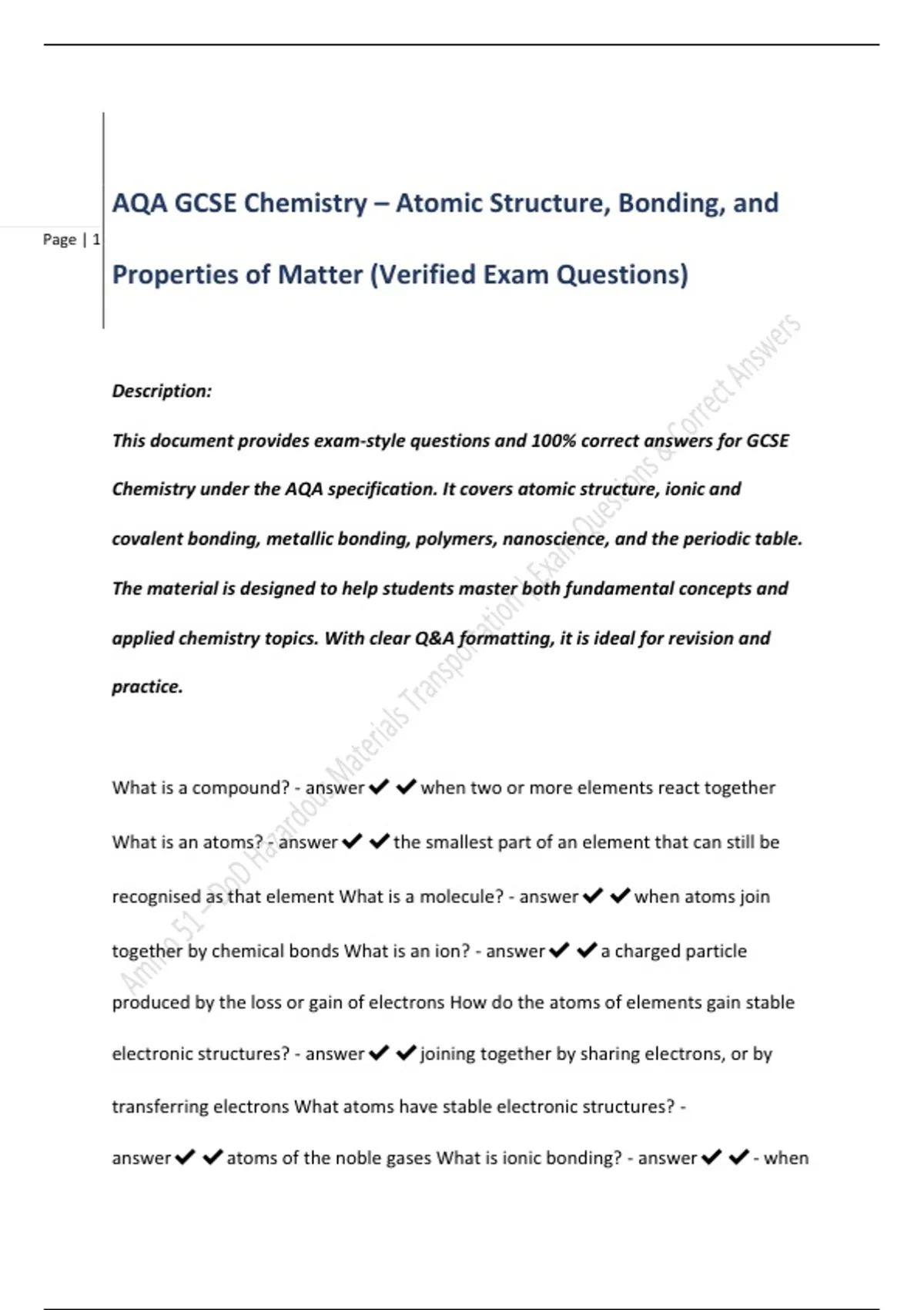 AQA GCSE Chemistry – Atomic Structure, Bonding, and Properties of ...