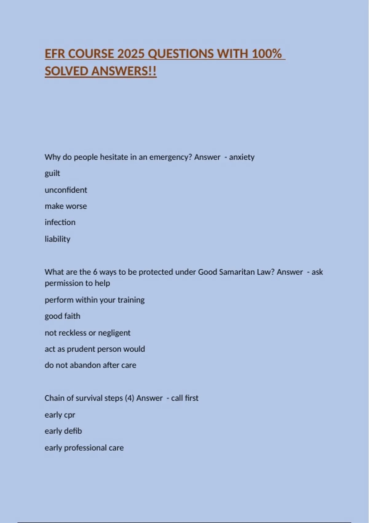 EFR COURSE 2025 QUESTIONS WITH 100% SOLVED ANSWERS!! - EFR - Stuvia US