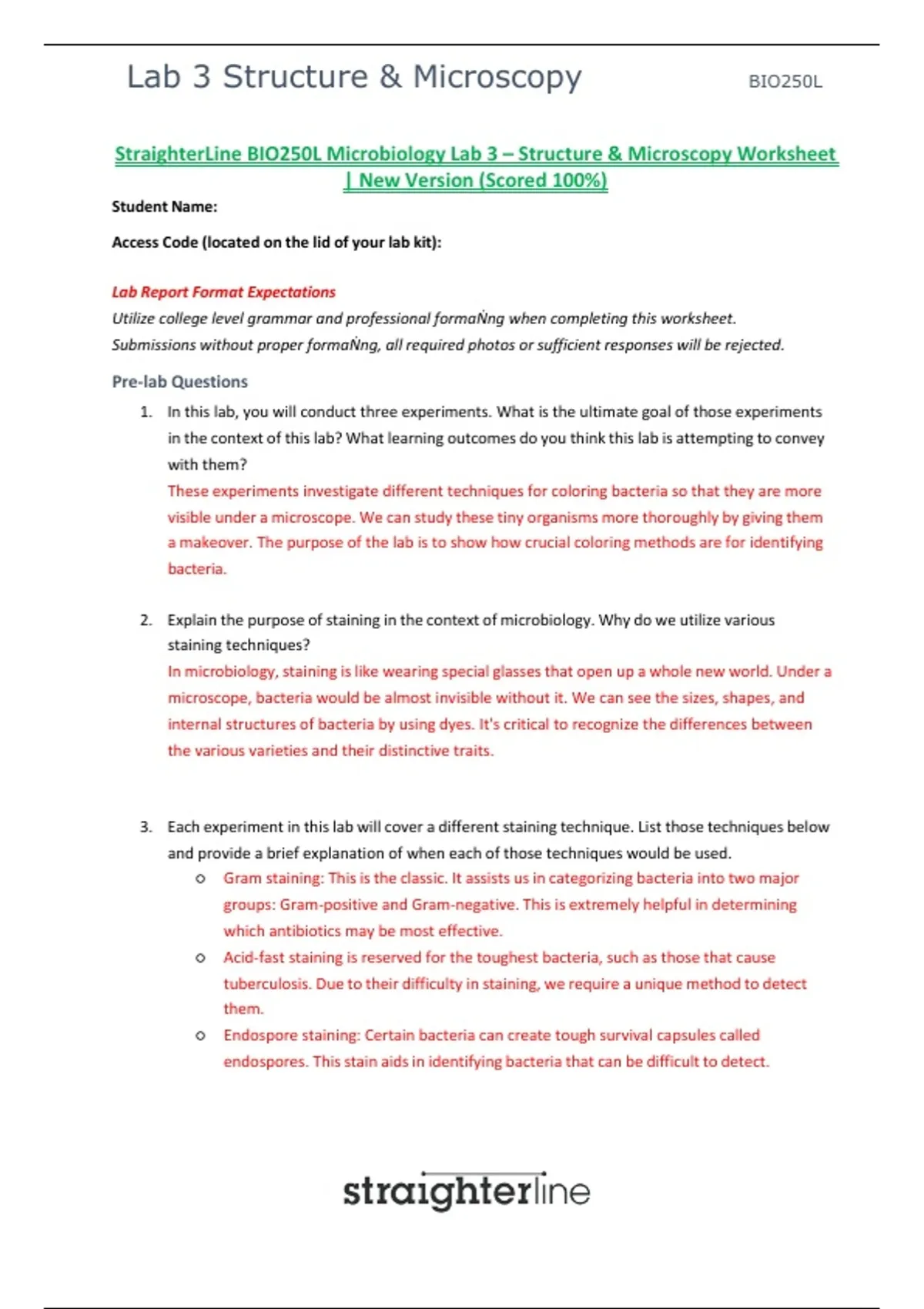 StraighterLine BIO250L Microbiology Lab 3 – Structure & Microscopy Worksheet | New Version ...