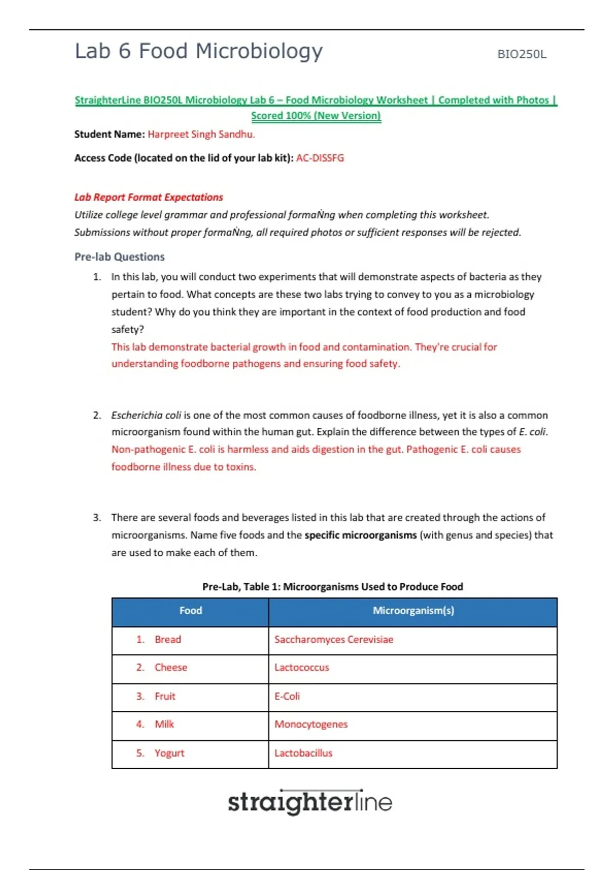 StraighterLine BIO250L Microbiology Lab 6 – Food Microbiology Worksheet ...