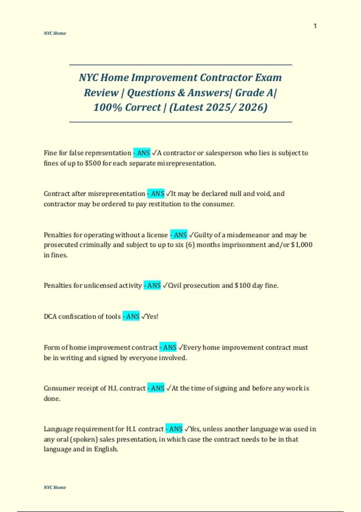 NYC Home Improvement Contractor Exam Review | Questions & Answers ...