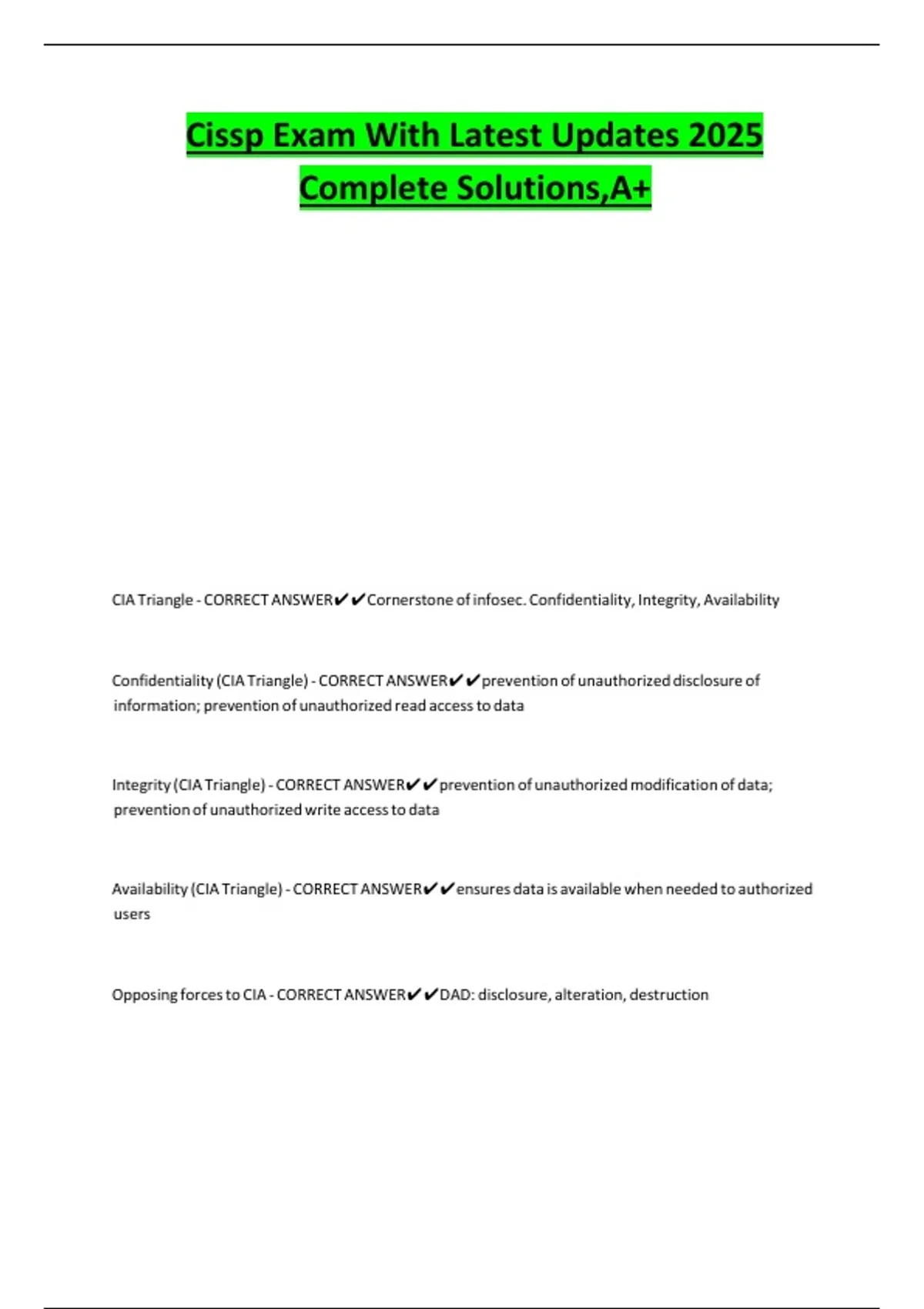 CISSP Exam WITH LATEST UPDATES 2025 COMPLETEB SOLUTIONS,A+ - Cissp ...
