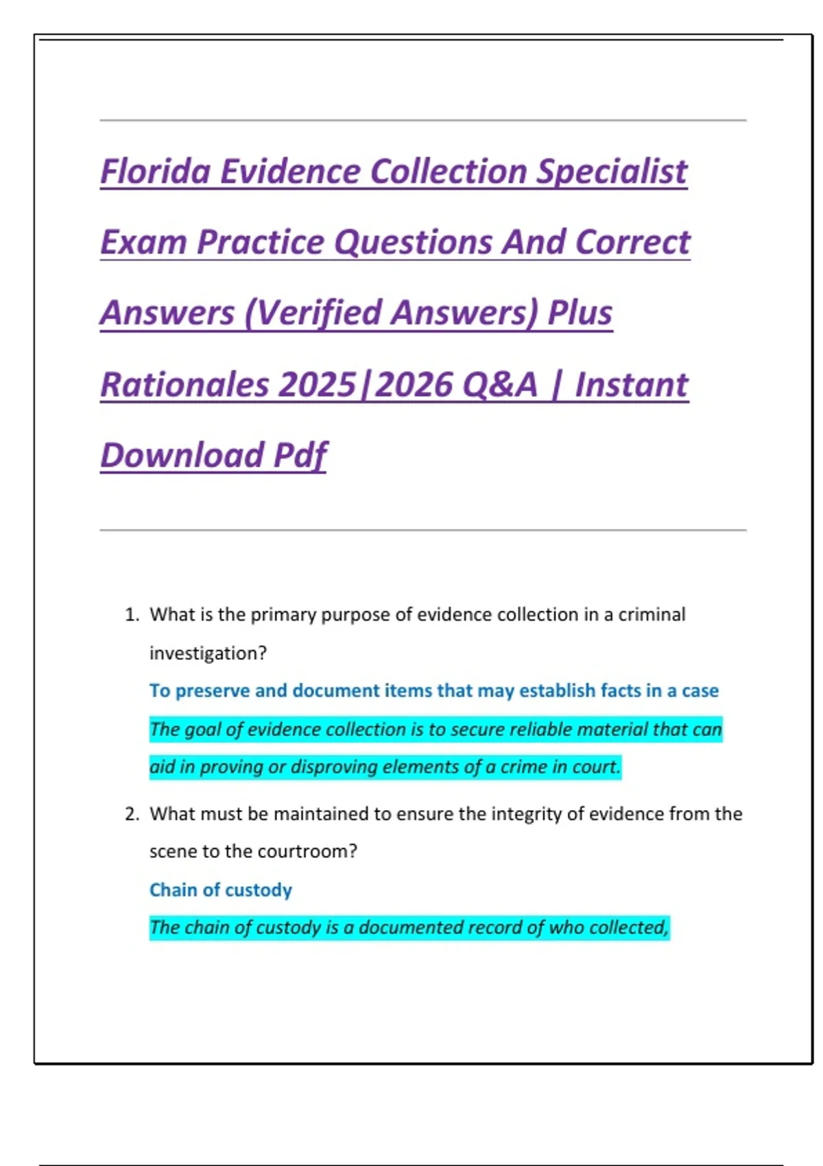 Florida Evidence Collection Specialist Exam Practice Questions And ...