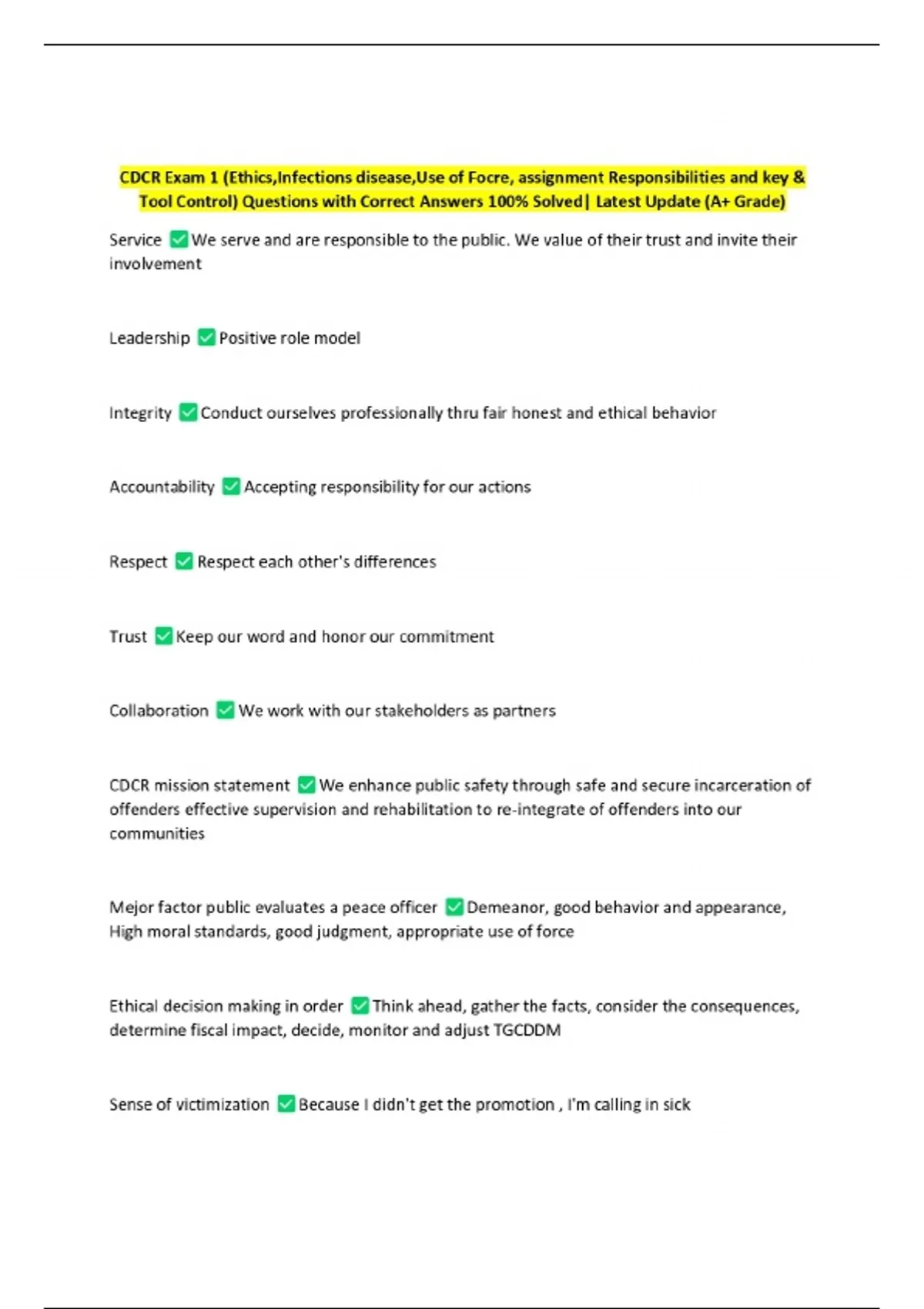 CDCR Exam 1 (Ethics,Infections disease,Use of Focre, assignment ...