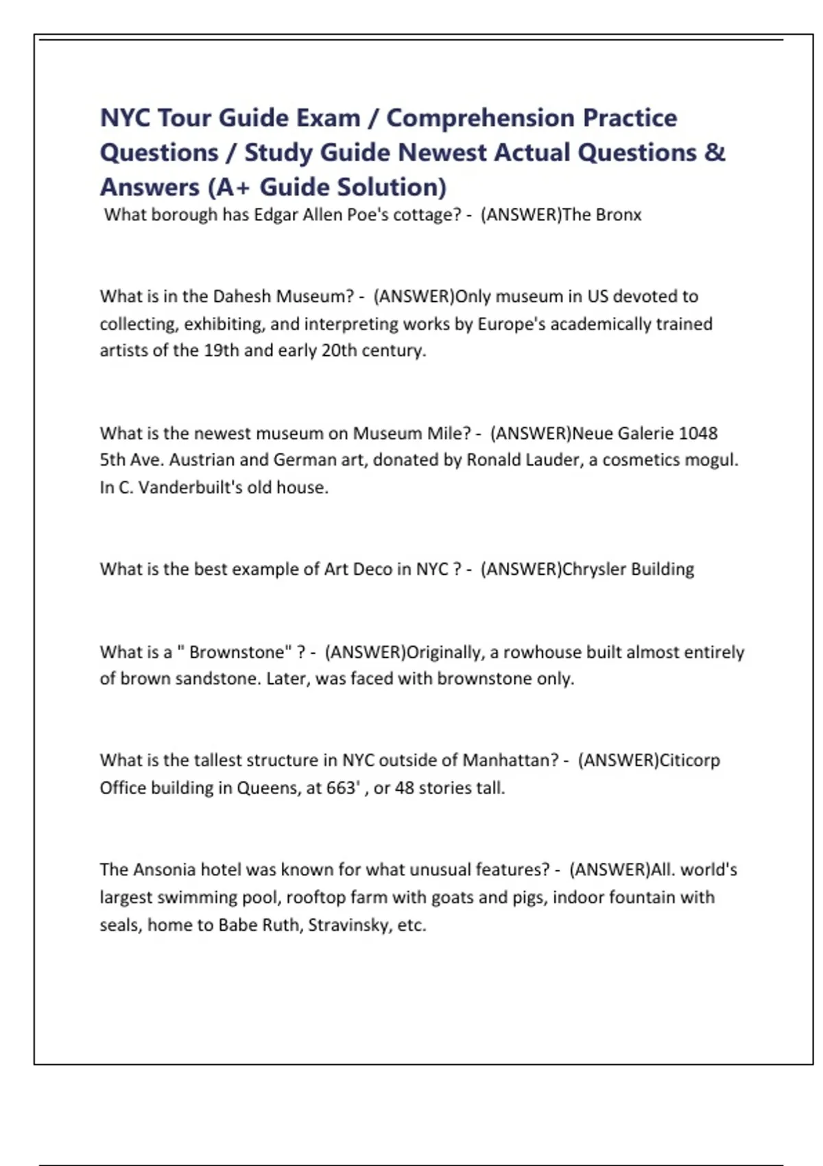 NYC Tour Guide Exam / Comprehension Practice Questions / Study Guide ...