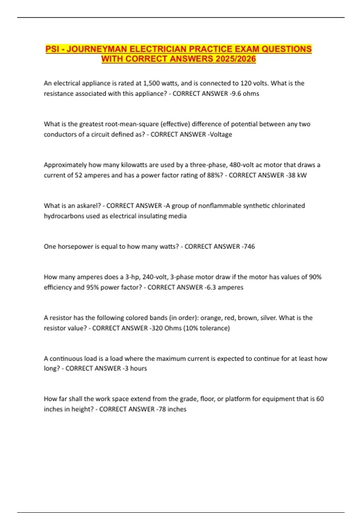 PSI - JOURNEYMAN ELECTRICIAN PRACTICE EXAM QUESTIONS WITH CORRECT ANSWERS 2025/2026 - PSI ...