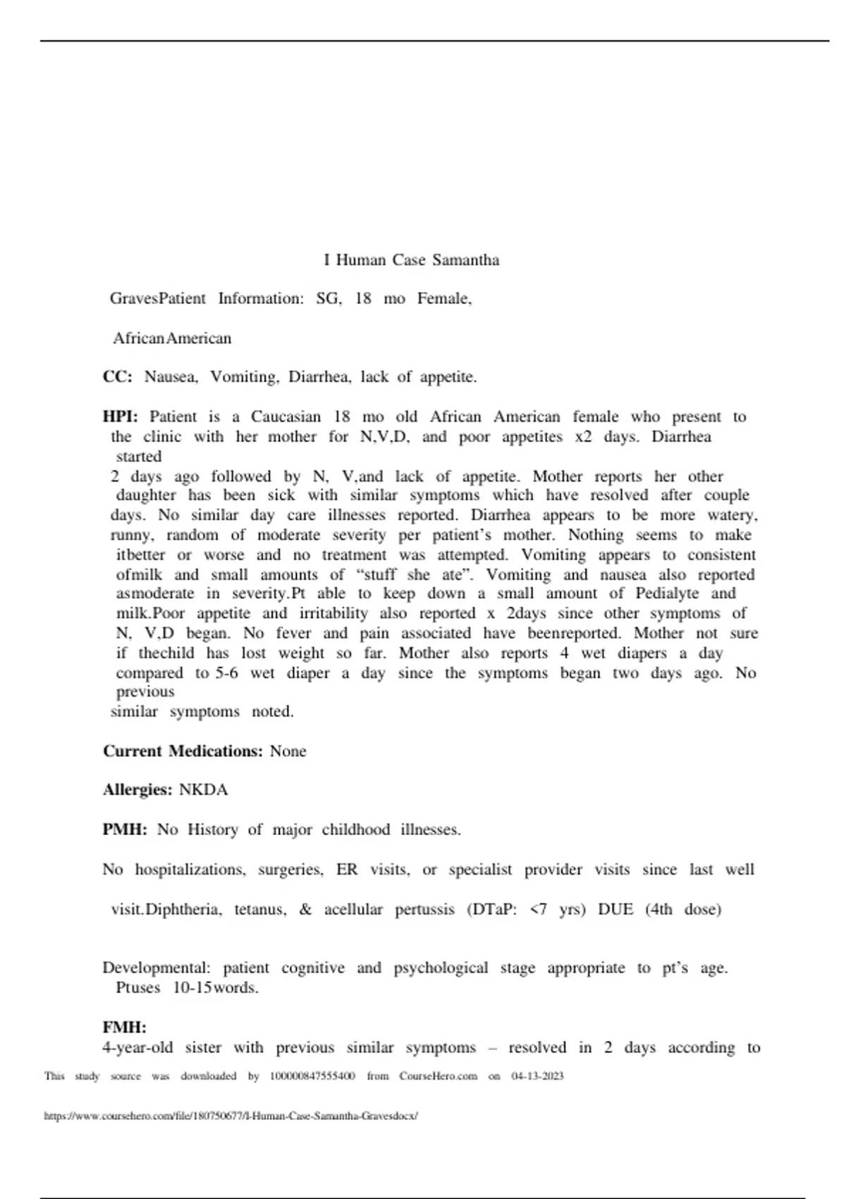I Human Case Samantha Graves Patient Information: SG, 18 mo Female, African American - NRNP6541 ...