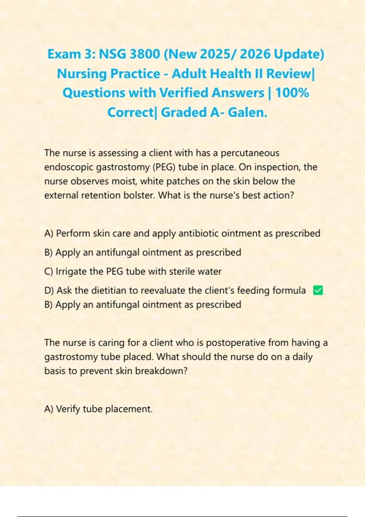 Exam 3: NSG 3800 (New 2025/ 2026 Update) Nursing Practice - Adult Health II Review| Questions ...