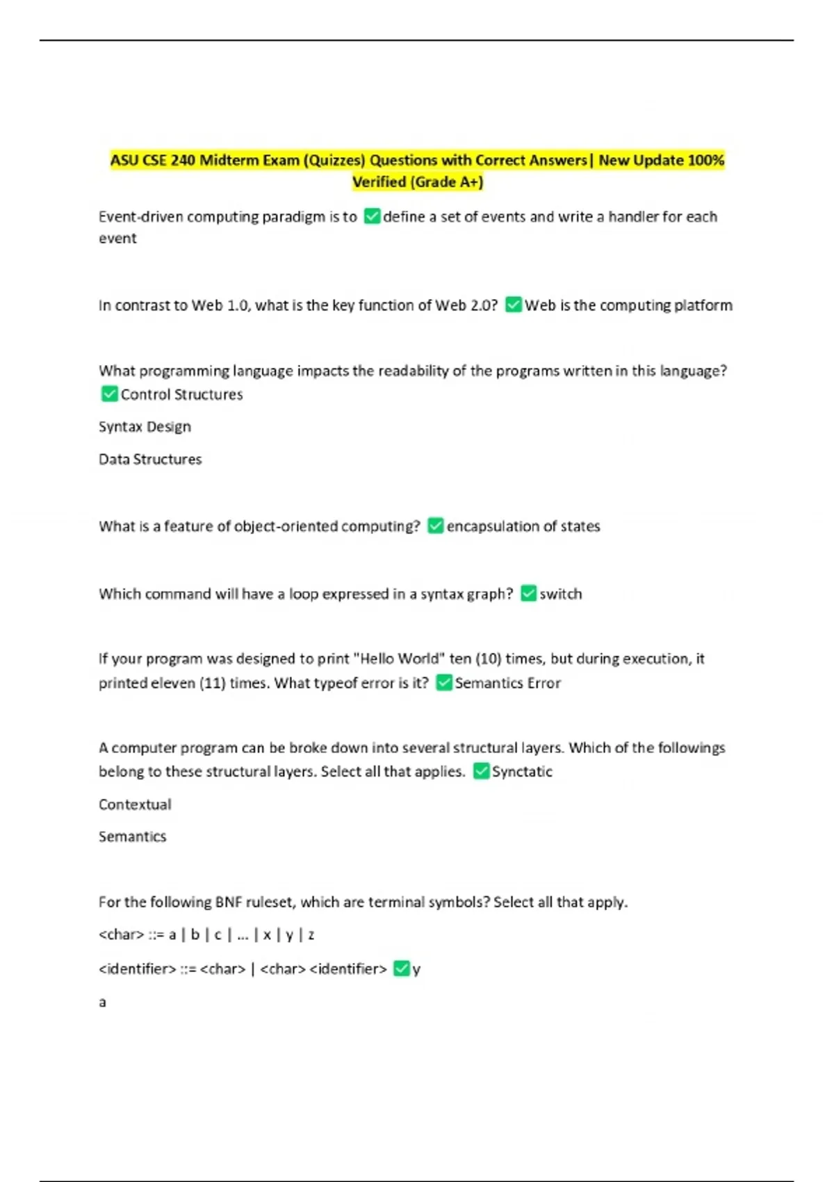 ASU CSE 240 Midterm Exam (Quizzes) Questions with Correct Answers| New Update 100% Verified ...