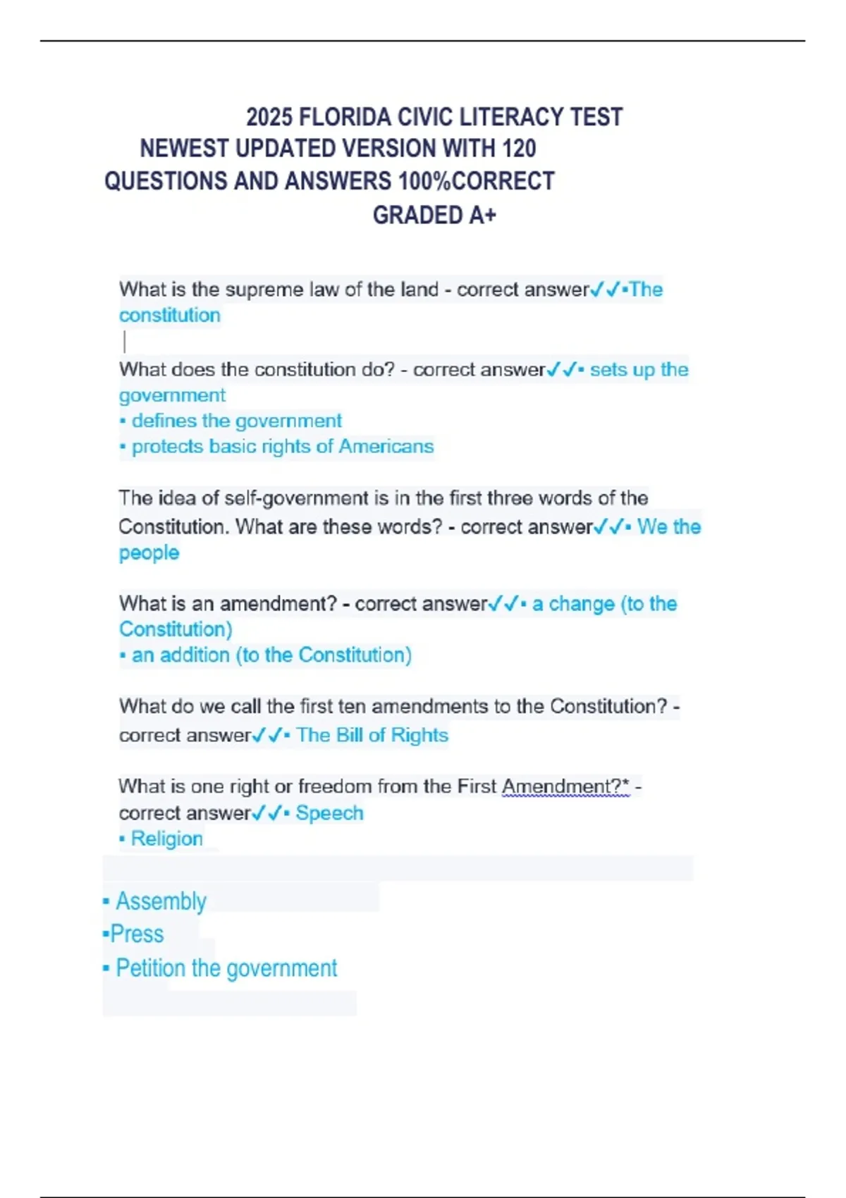 2025 FLORIDA CIVIC LITERACY TEST NEWEST UPDATED VERSION WITH 120 ...