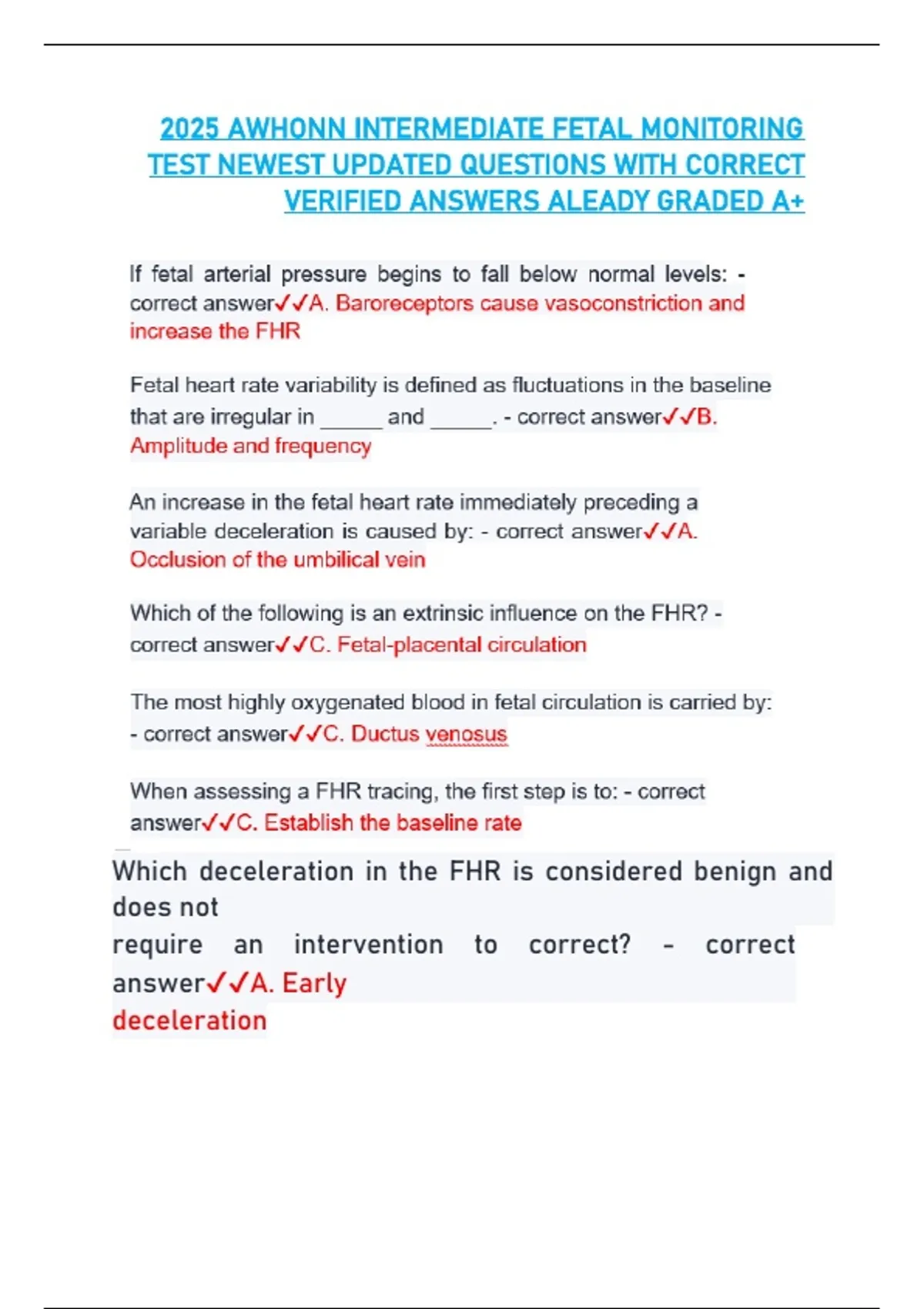 2025 AWHONN INTERMEDIATE FETAL MONITORING TEST NEWEST UPDATED QUESTIONS ...