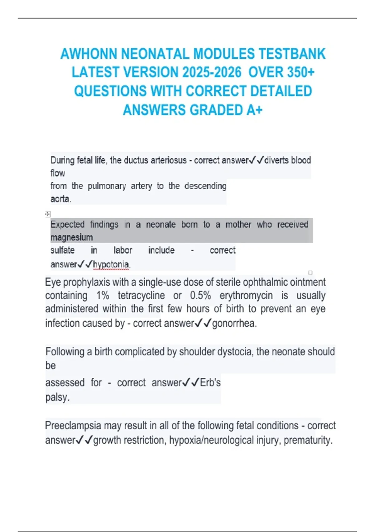 AWHONN NEONATAL MODULES TESTBANK LATEST VERSION OVER 350+ QUESTIONS ...