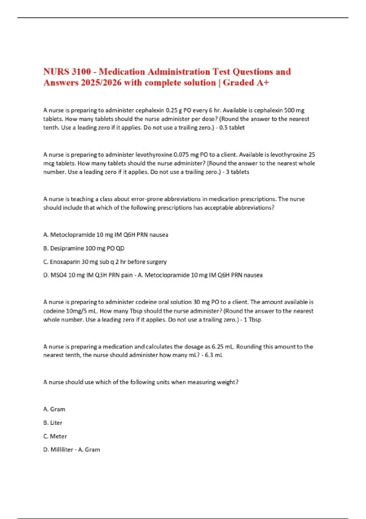 NURS 3100 - Medication Administration Test Questions and Answers 2025/ ...