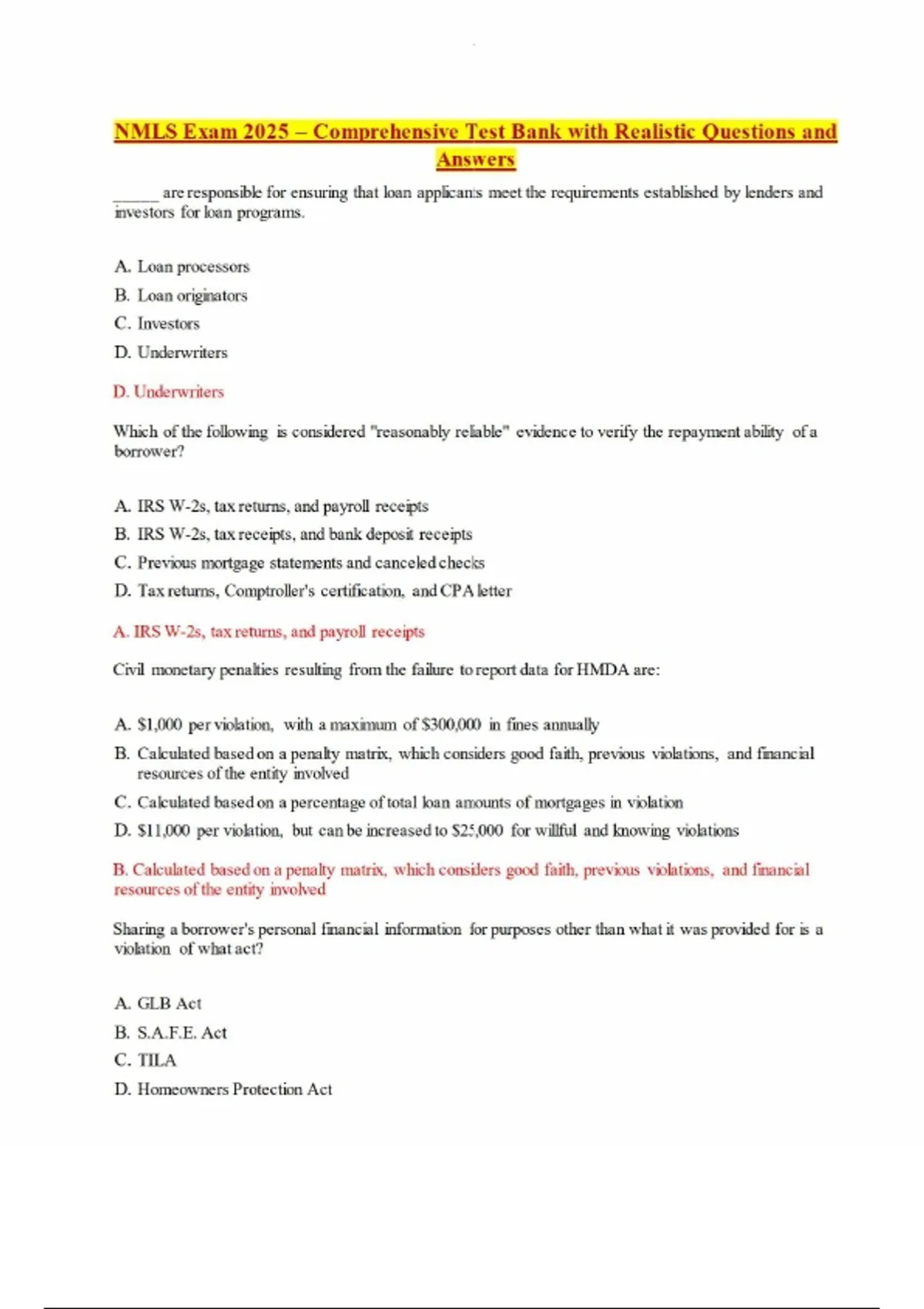 NMLS Exam 2025 – Comprehensive Test Bank with Realistic Questions and ...