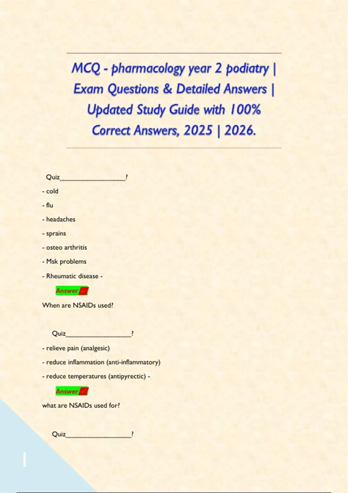 MCQ - pharmacology year 2 podiatry | Exam Questions & Detailed Answers ...