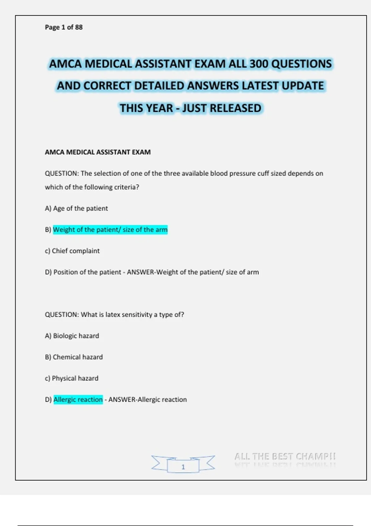 AMCA MEDICAL ASSISTANT EXAM ALL 300 QUESTIONS AND CORRECT DETAILED ...