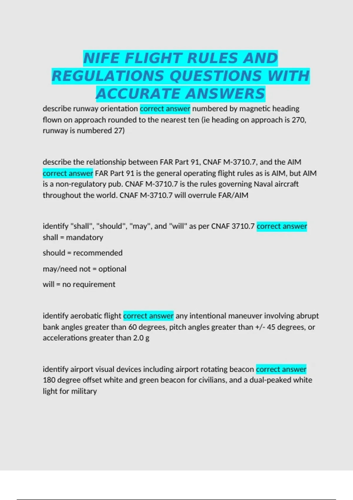 NIFE FLIGHT RULES AND REGULATIONS QUESTIONS WITH ACCURATE ANSWERS ...