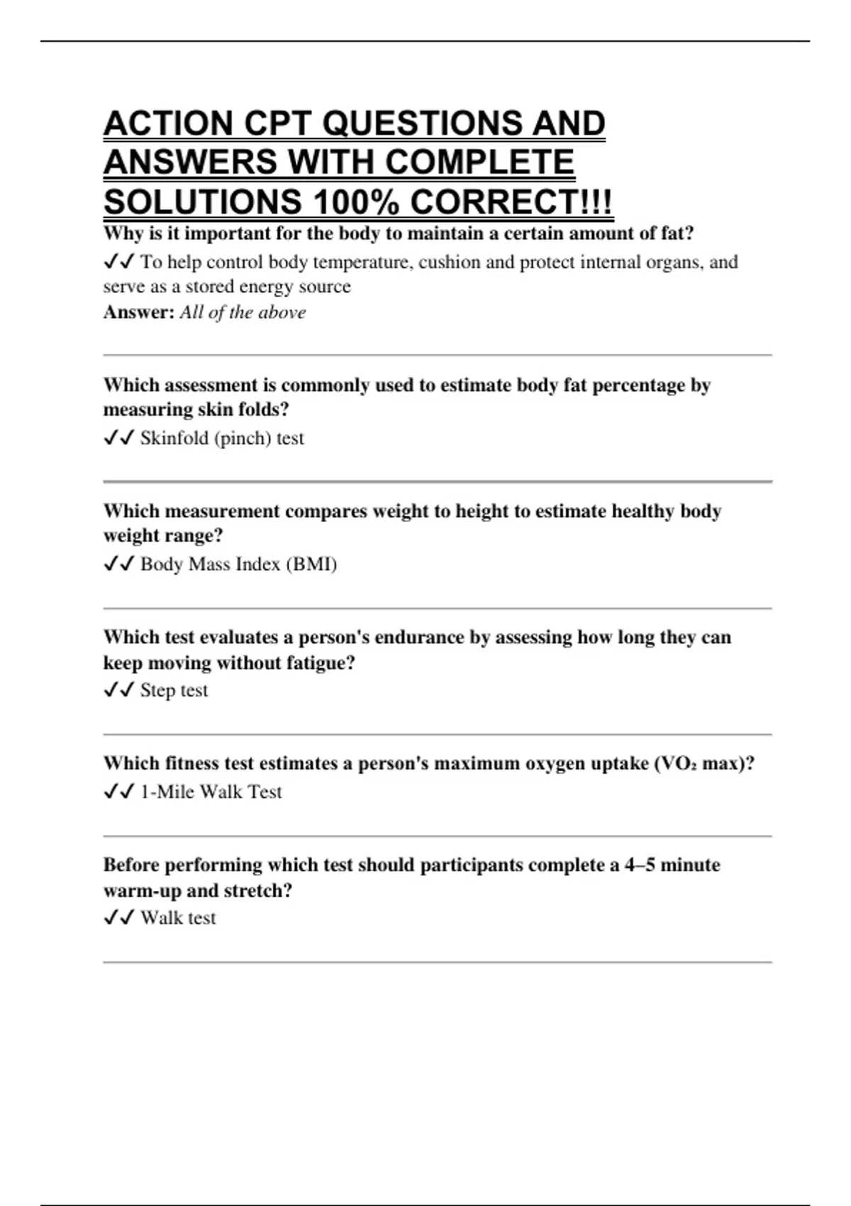 ACTION CPT QUESTIONS AND ANSWERS WITH COMPLETE SOLUTIONS 100% CORRECT!!! - ACTION Personal ...