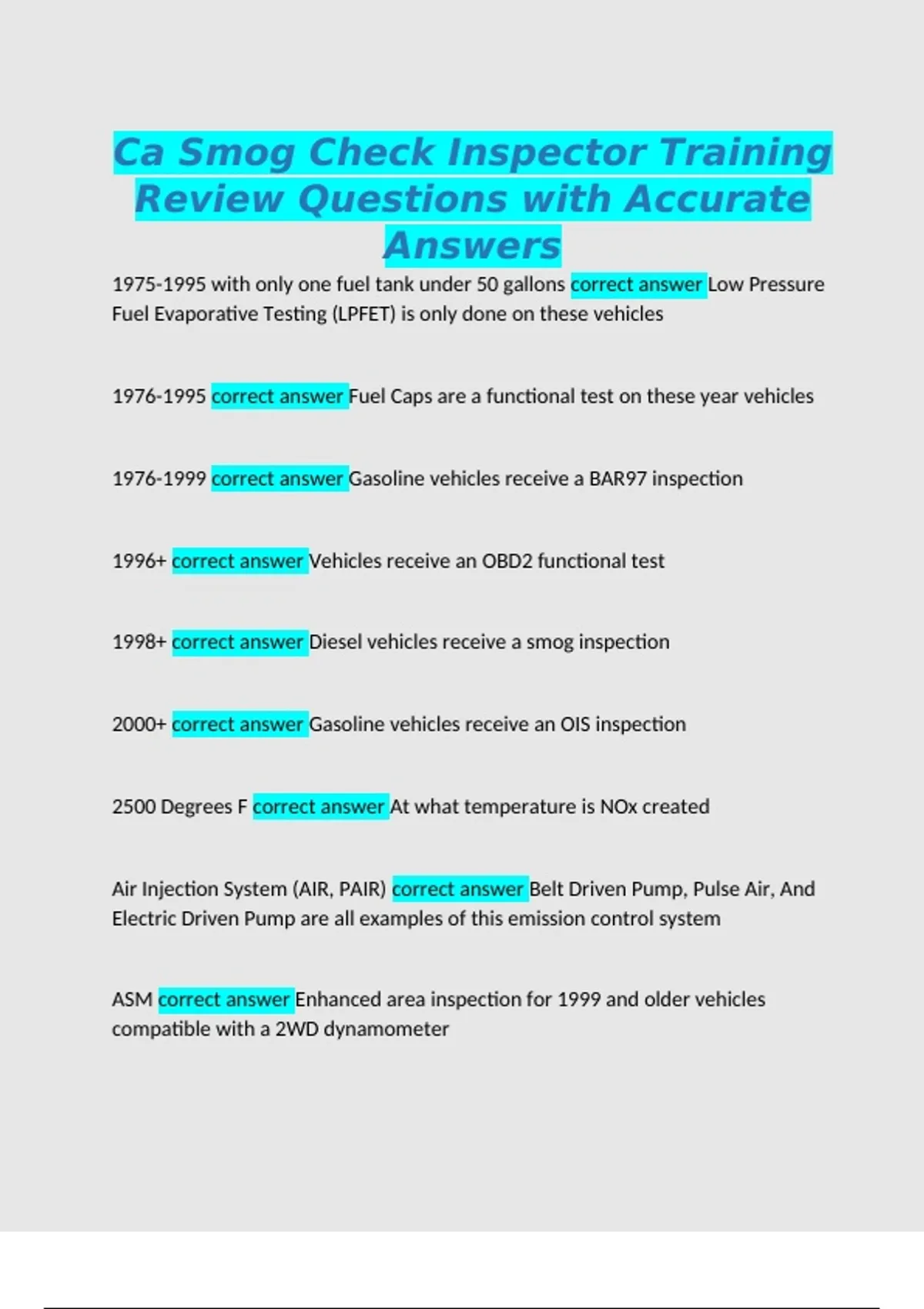 Ca Smog Check Inspector Training Review Questions with Accurate Answers ...