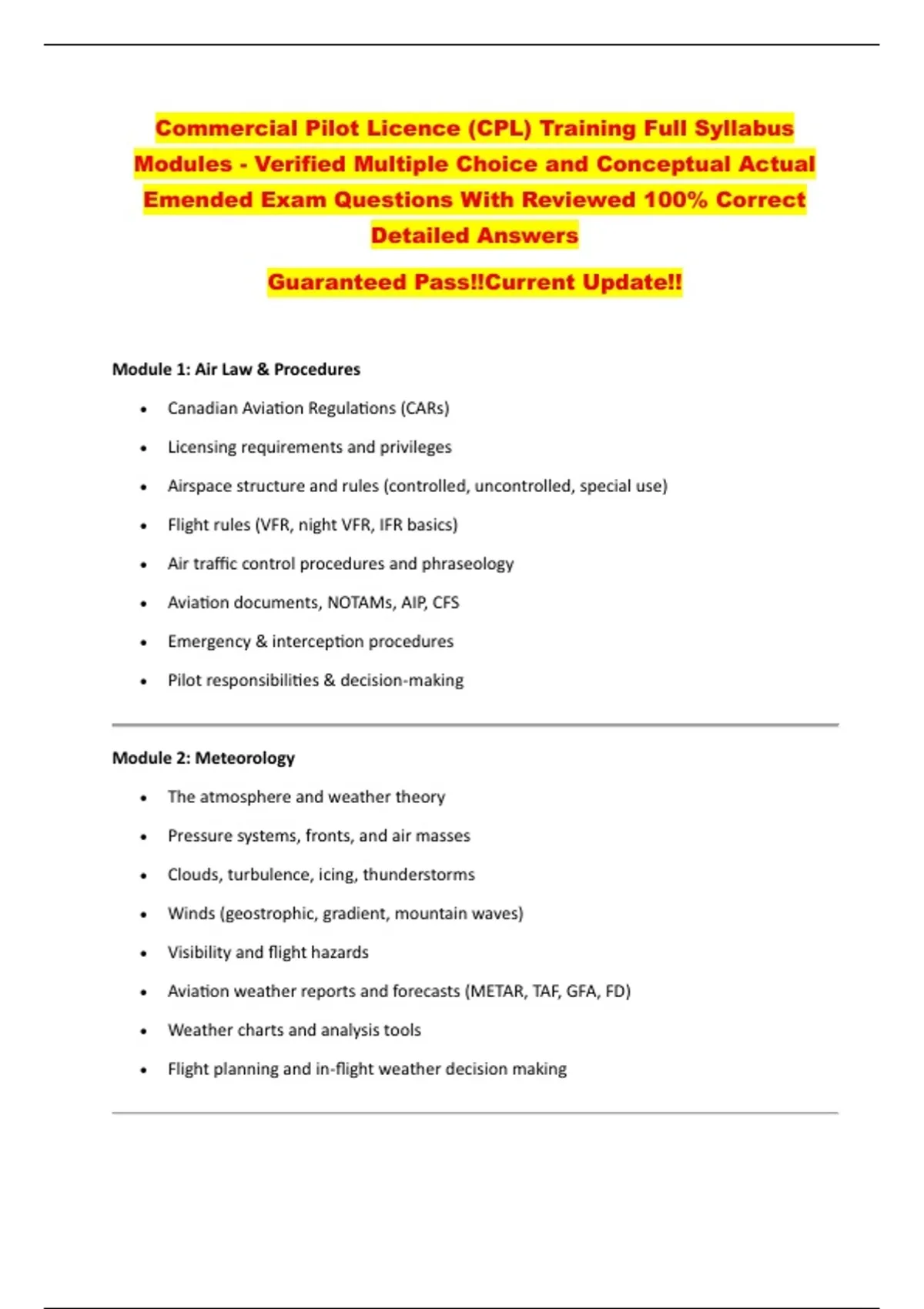 Commercial Pilot Licence (CPL) Training Full Syllabus Modules ...