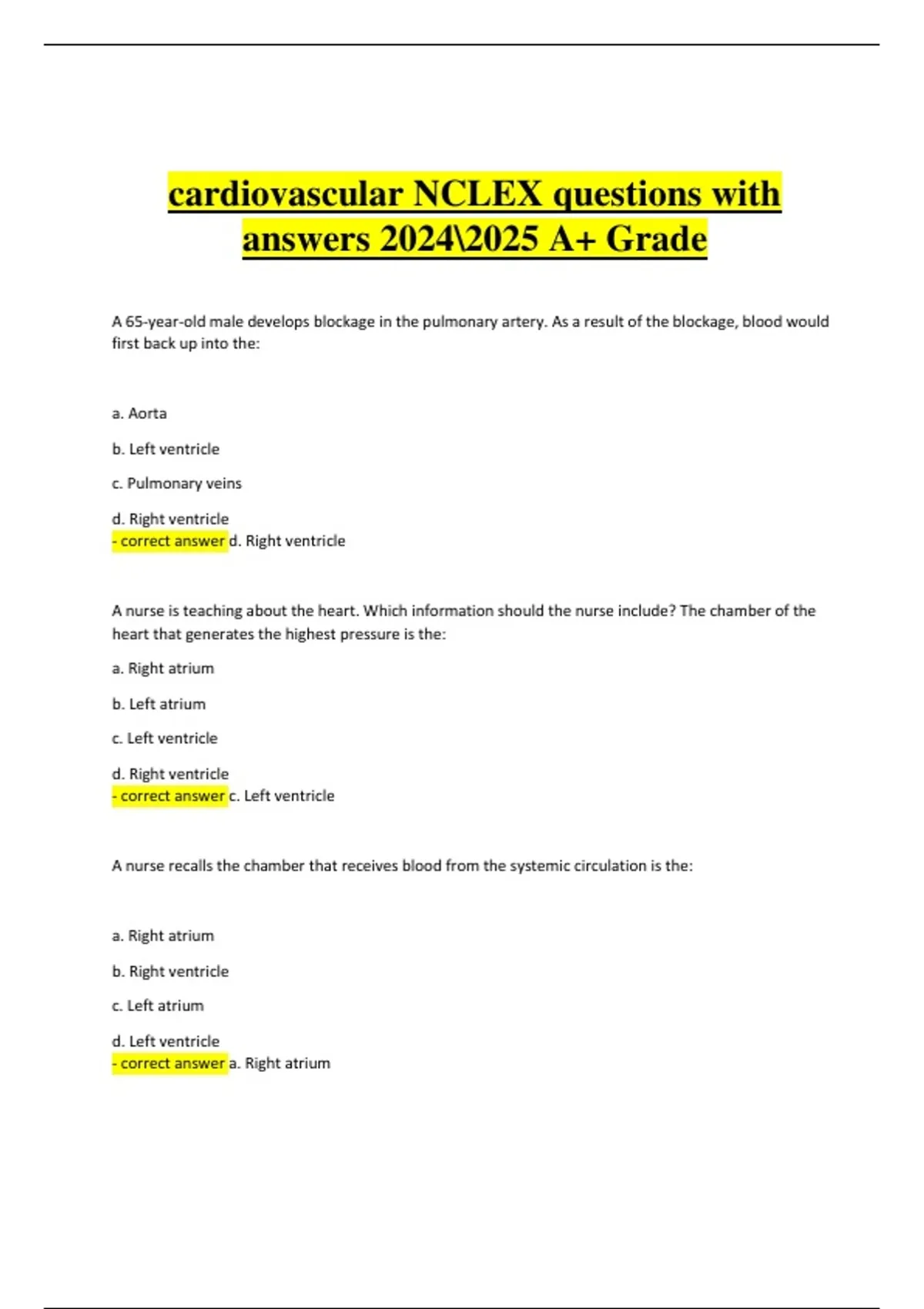 Cardiovascular NCLEX Questions Complete with Answers 2024/2025 (A+ ...