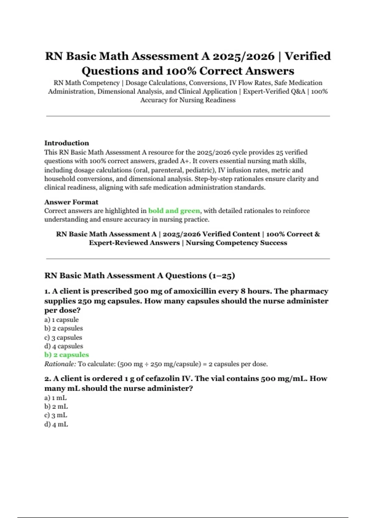 RN Basic Math Assessment A 2025/2026 | Verified Questions and 100% ...