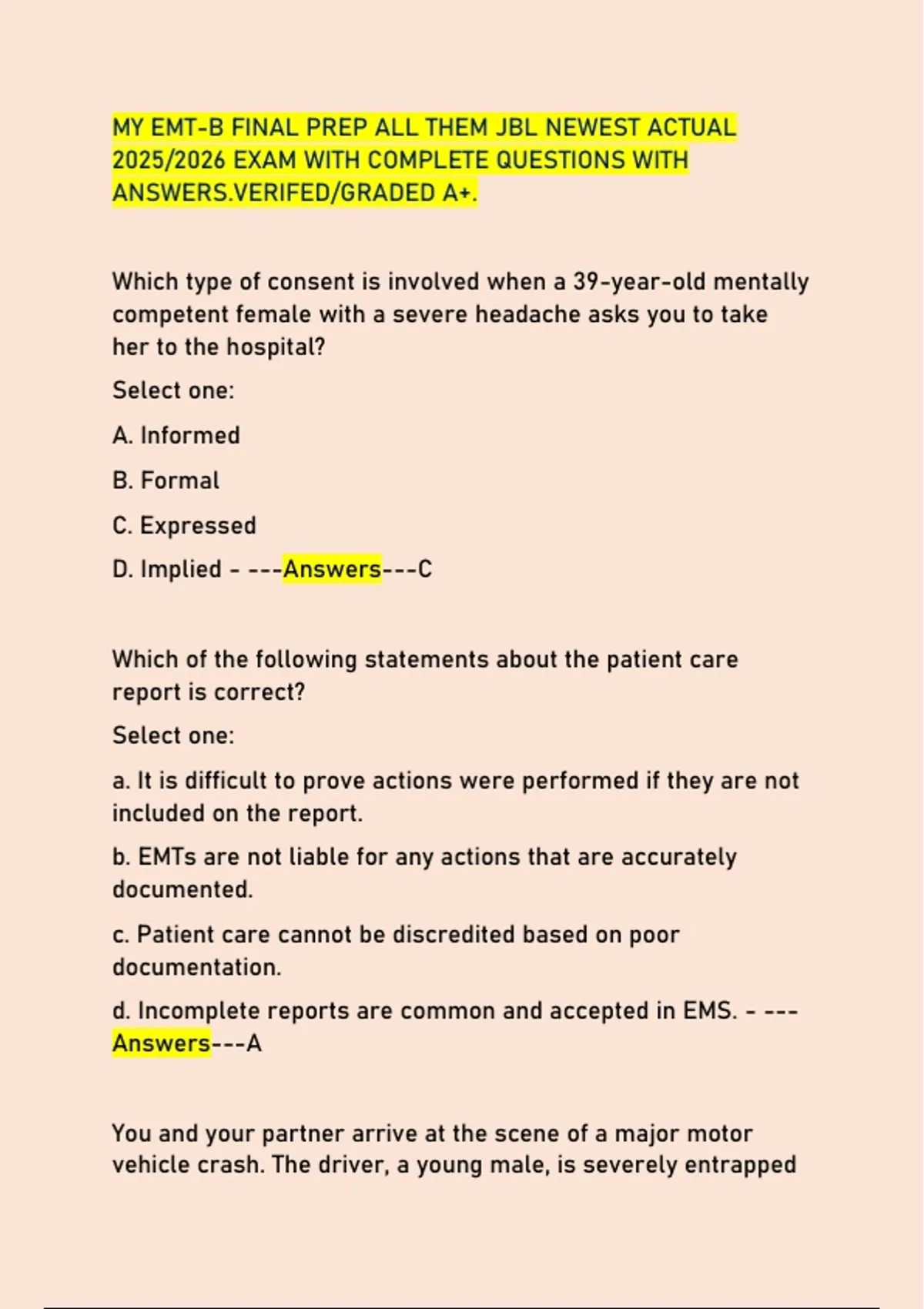 MY EMT-B FINAL PREP ALL THEM JBL NEWEST ACTUAL 2025/2026 EXAM WITH ...