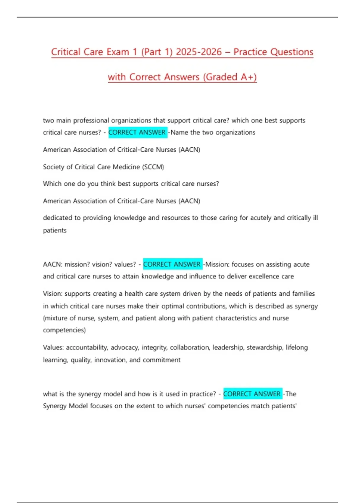 Critical Care Exam 1 (Part 1) – Practice Questions with Correct Answers ...