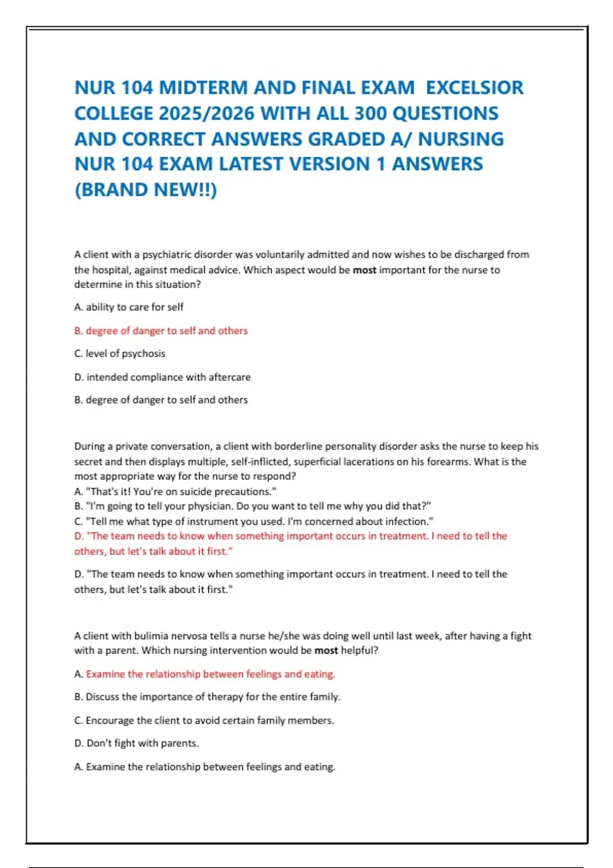 NUR 104 MIDTERM AND FINAL EXAM EXCELSIOR COLLEGE 2025/2026 WITH ALL 300 ...