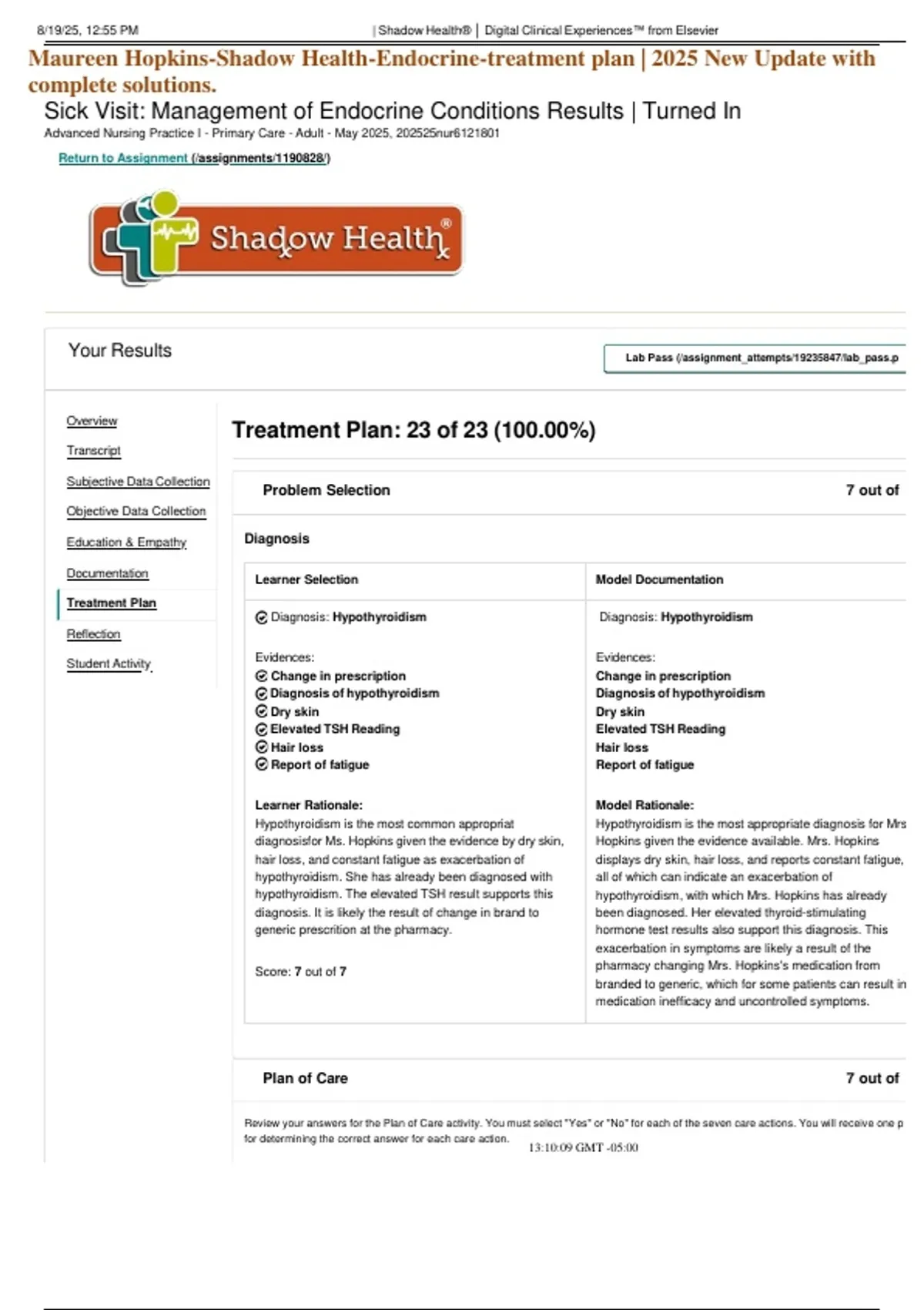Maureen Hopkins-Shadow Health-Endocrine-treatment plan | 2025 New ...