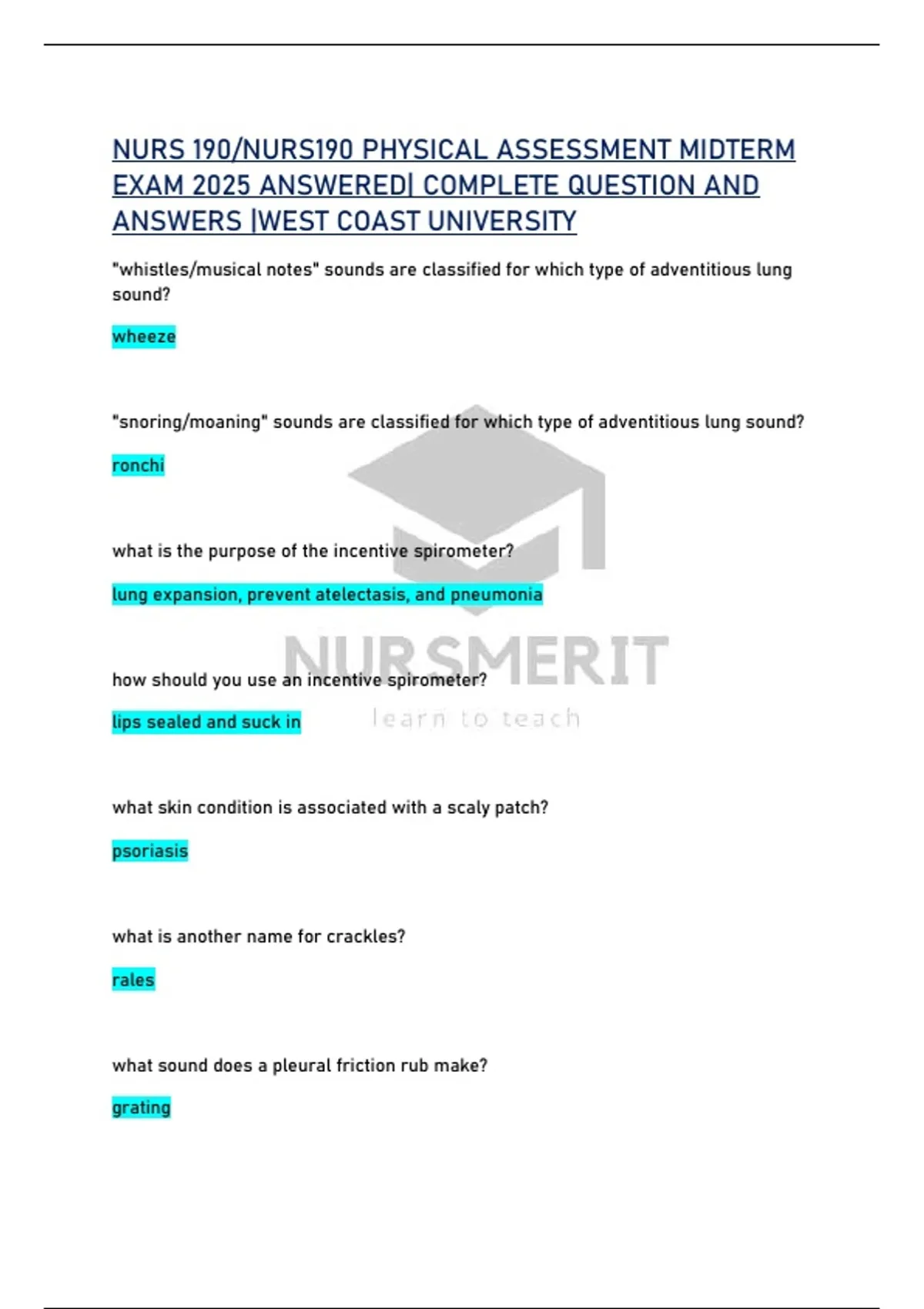 NURS 190/NURS190 PHYSICAL ASSESSMENT MIDTERM EXAM 2025 ANSWERED| COMPLETE QUESTION AND ANSWERS ...