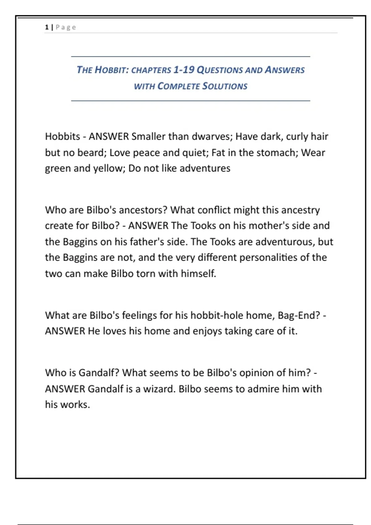 THE HOBBIT: CHAPTERS 1-19 QUESTIONS AND ANSWERS WITH COMPLETE SOLUTIONS ...