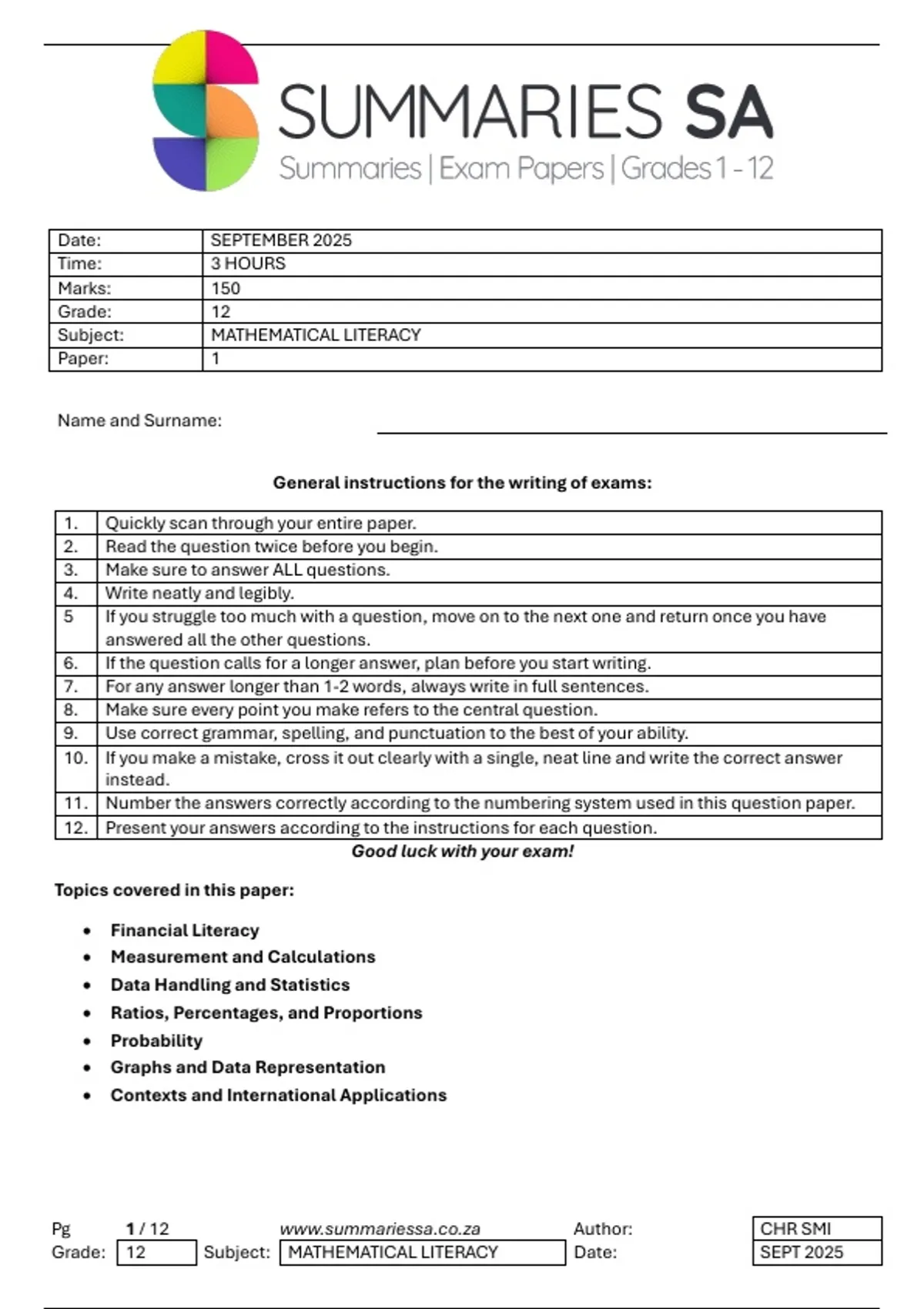 Grade 12 Mathematical Literacy (MATH LIT) September Paper 1 and Memo ...