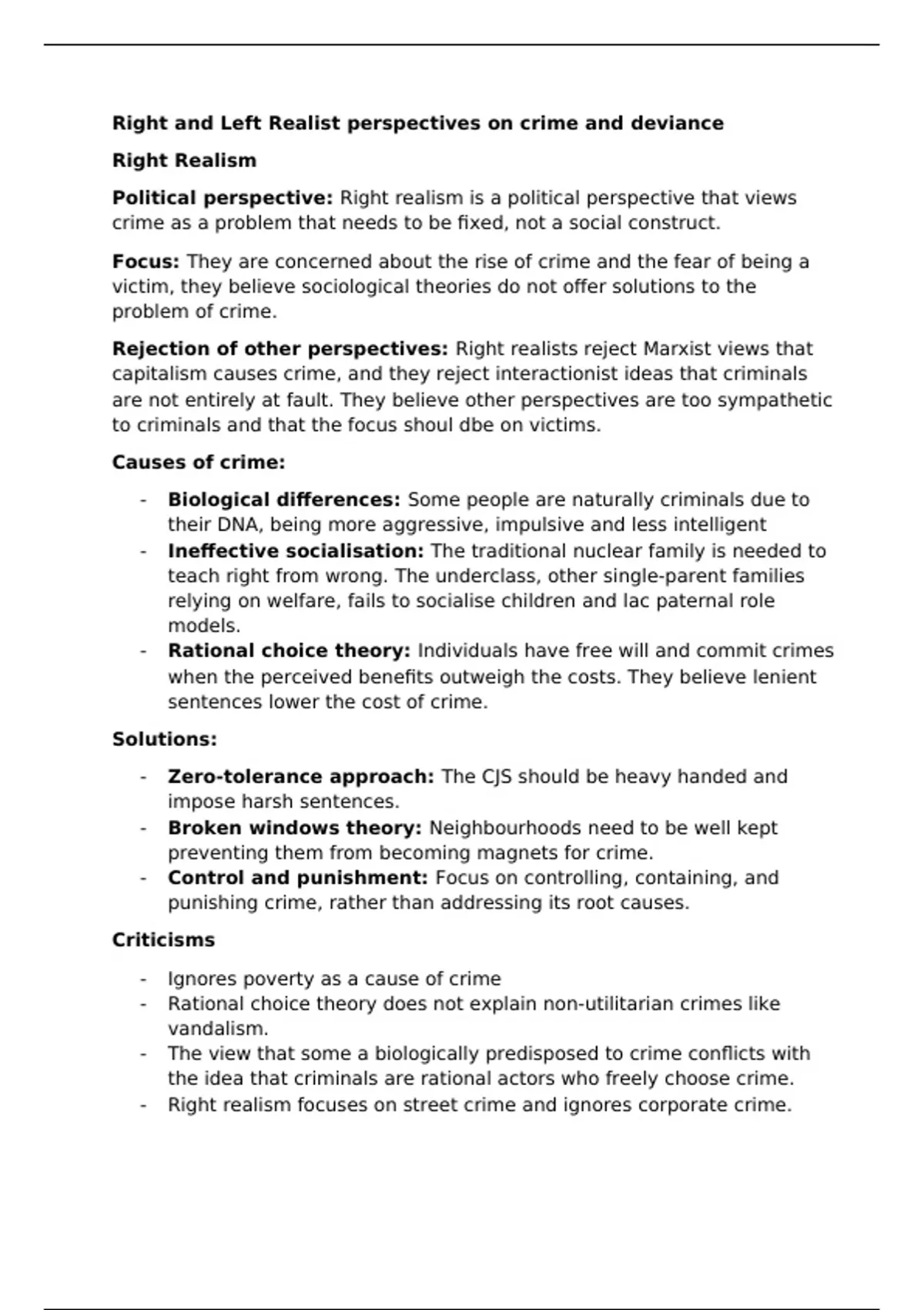 Summary AQA A LEVEL SOCIOLOGY - RIGHT + LEFT REALIST CRIME AND DEVIANCE ...