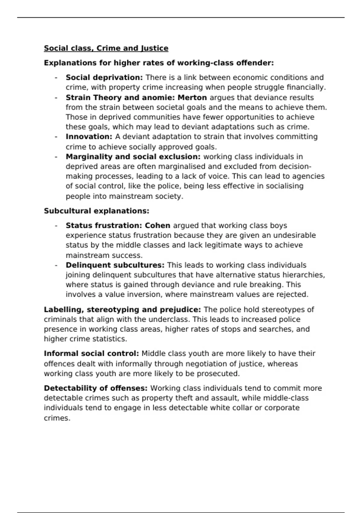 Summary AQA A LEVEL SOCIOLOGY - SOCIAL CLASS CRIME AND DEVIANCE - Unit ...