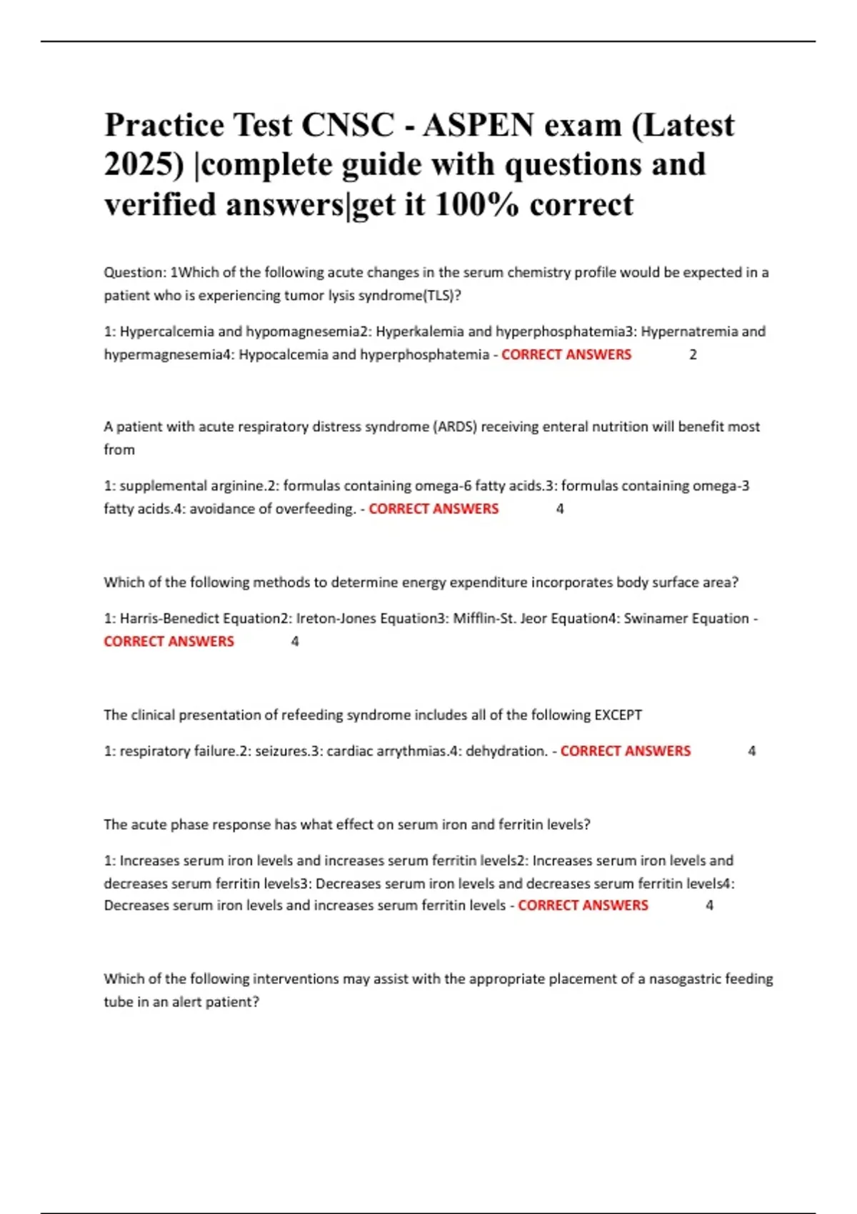 Summary Practice Test CNSC - ASPEN exam (Latest 2025) |complete guide ...
