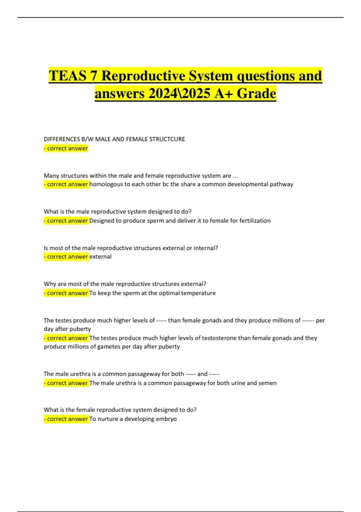 TEAS 7 Reproductive System Questions and Answers | Latest Version 2024/ ...