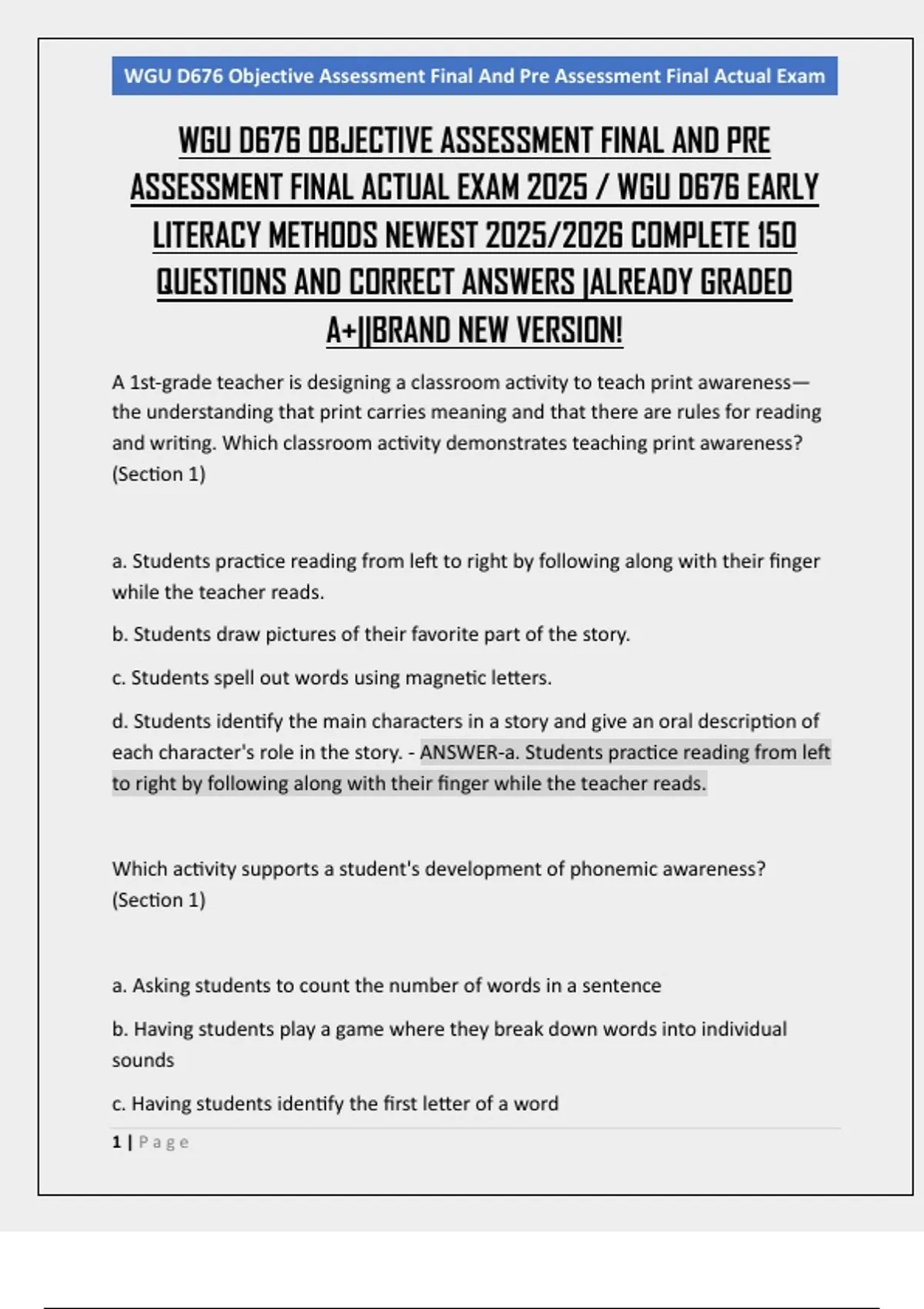 WGU D676 OBJECTIVE ASSESSMENT FINAL AND PRE ASSESSMENT FINAL ACTUAL EXAM 2025 / WGU D676 EARLY ...