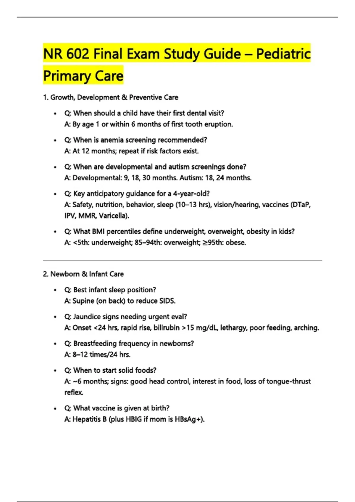 NR 602 Final Exam Study Guide – Pediatric Primary Care - NR 602 - Stuvia US