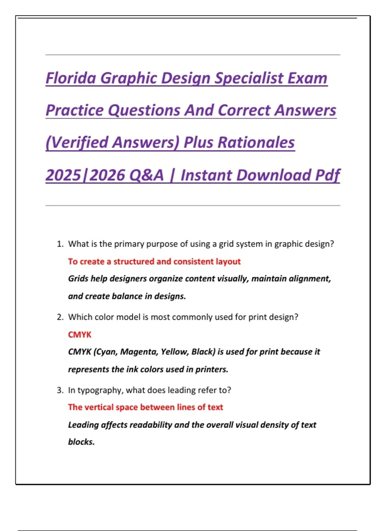 Florida Graphic Design Specialist Exam Practice Questions And Correct ...