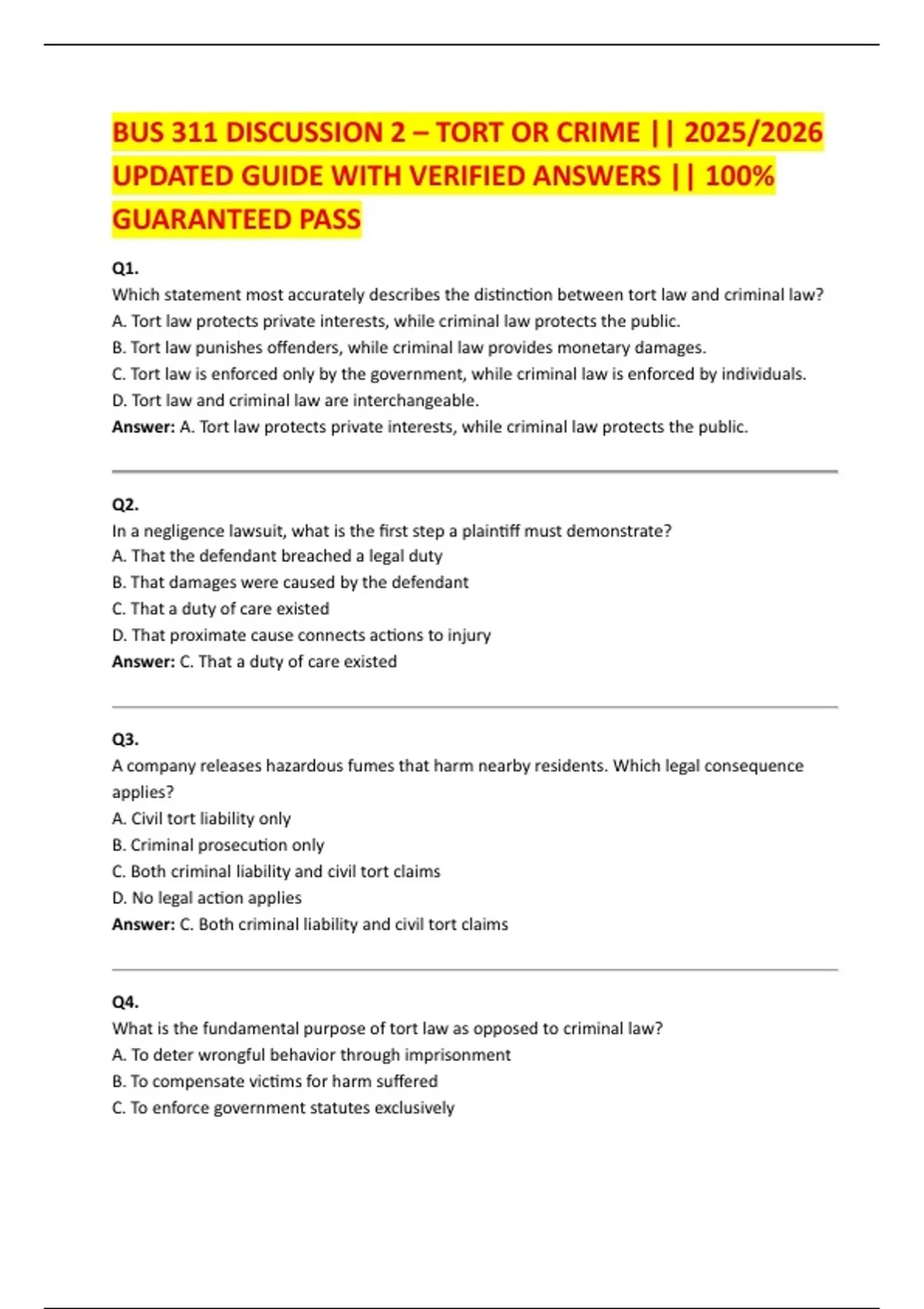 BUS 311 DISCUSSION 2 – TORT OR CRIME || 2025/2026 UPDATED GUIDE WITH ...