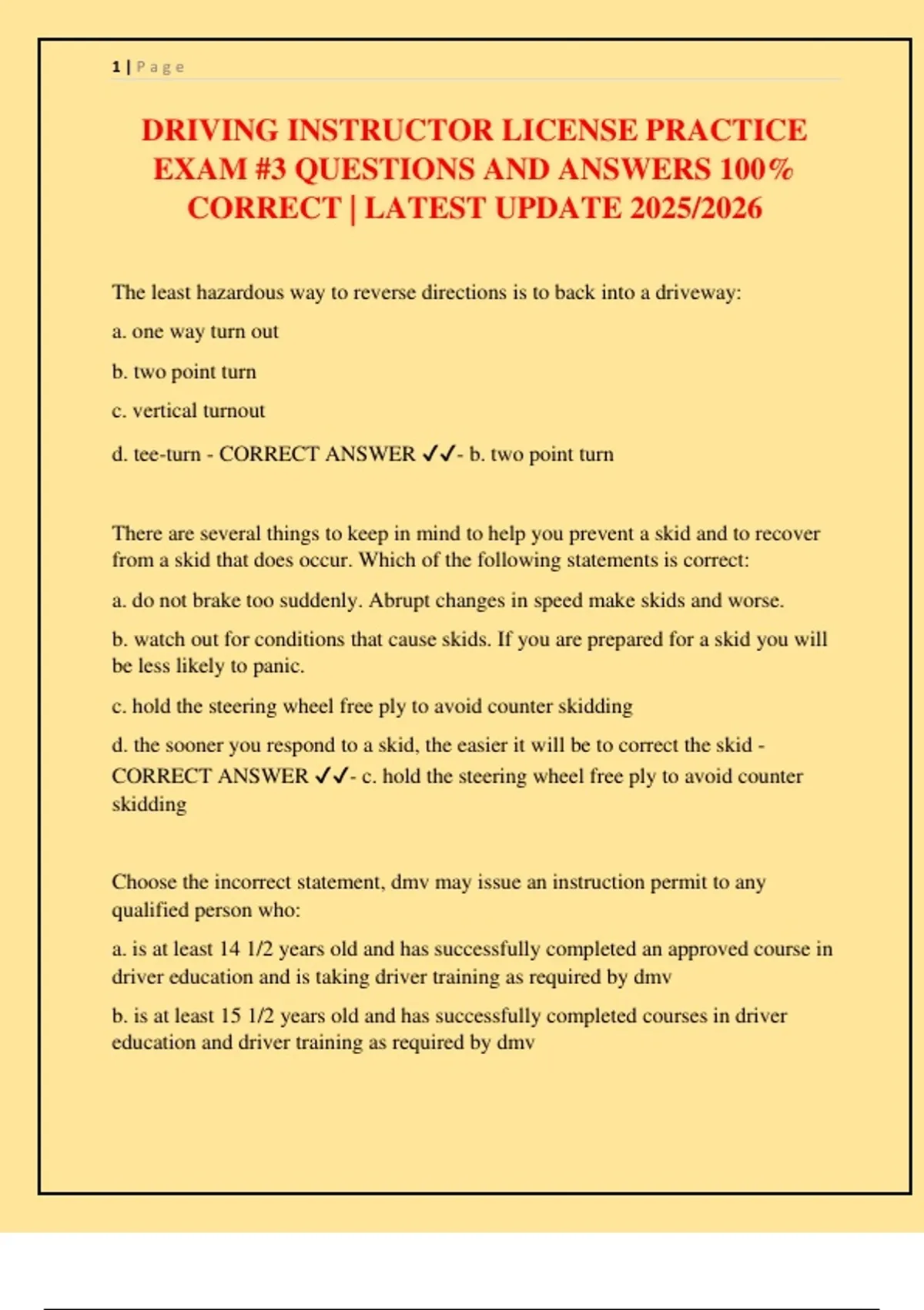 DRIVING INSTRUCTOR LICENSE PRACTICE EXAM #3 QUESTIONS AND ANSWERS 100% ...
