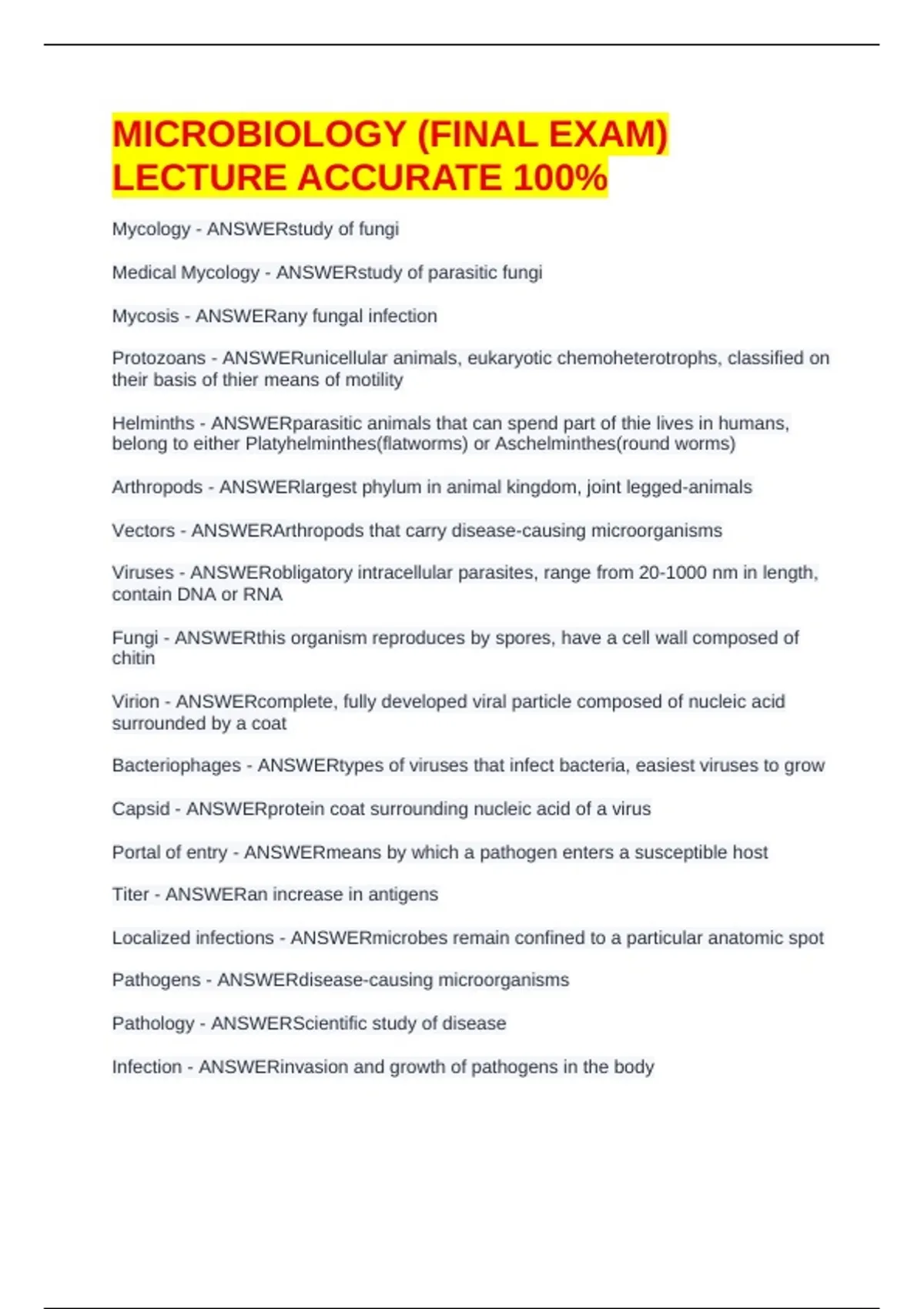 MICROBIOLOGY (FINAL EXAM) LECTURE ACCURATE 100% - Microbiology - Stuvia US