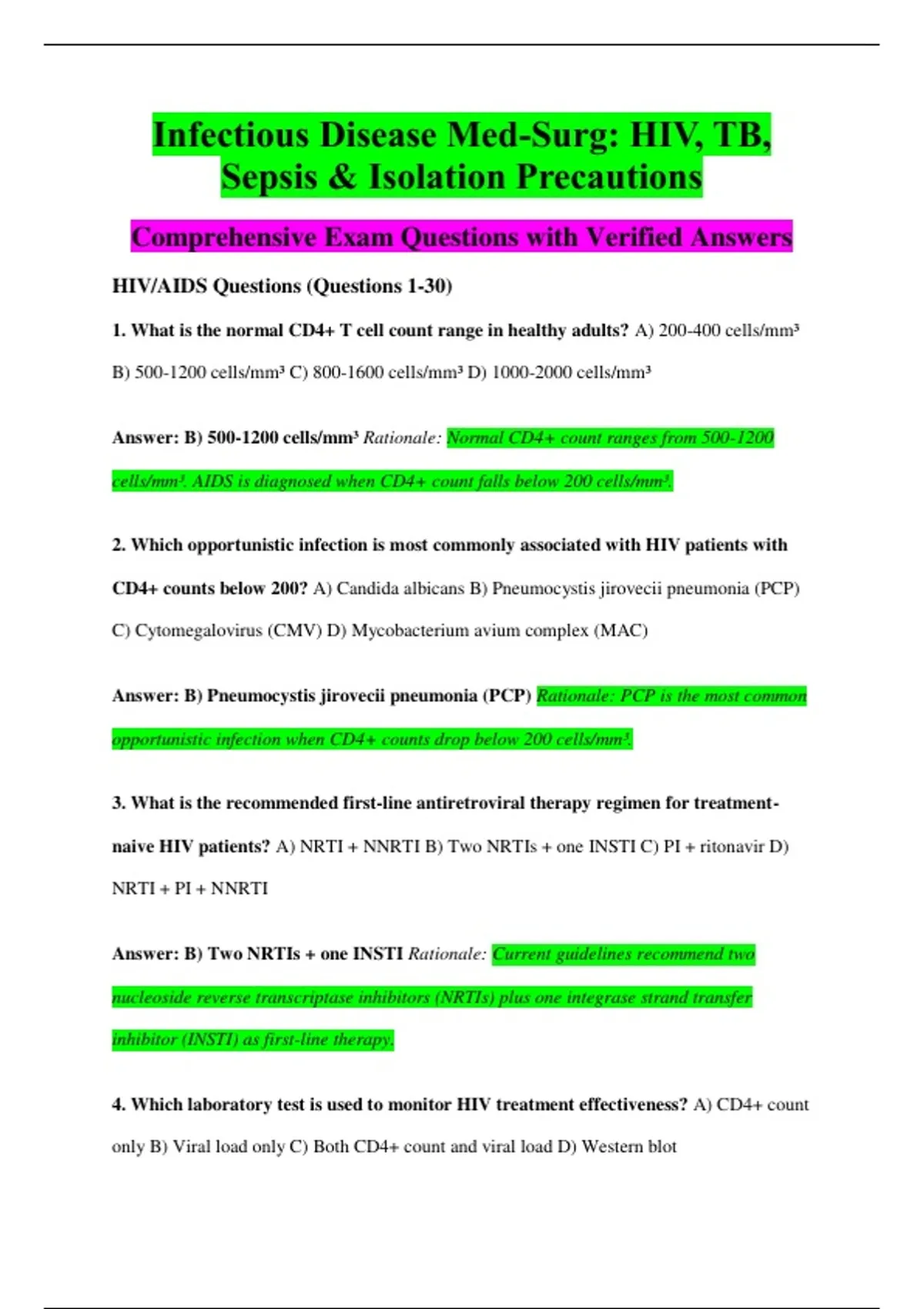 Infectious Disease Med-Surg – Comprehensive Exam Questions with ...